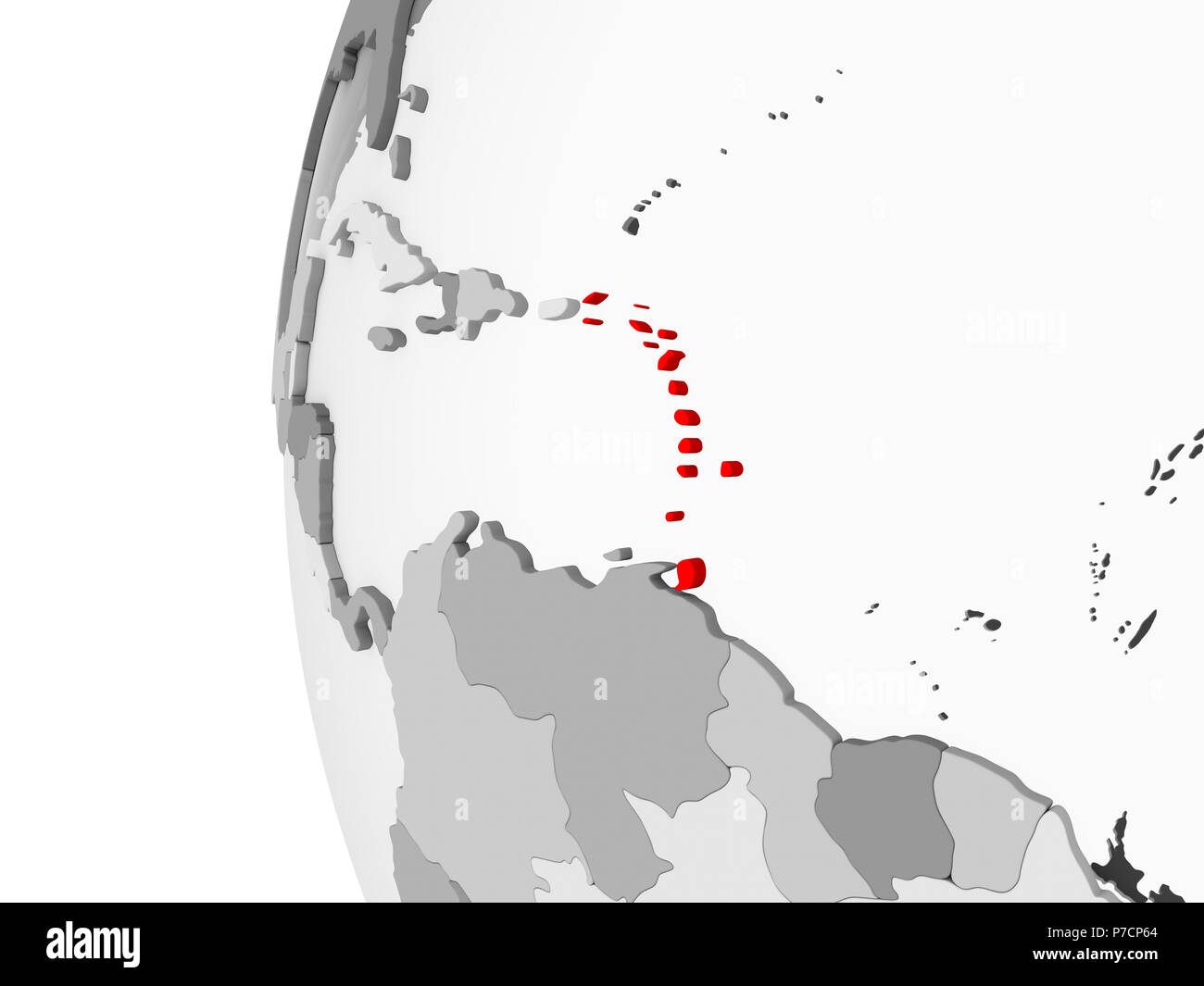 Caribbean highlighted on grey 3D model of political globe with ...