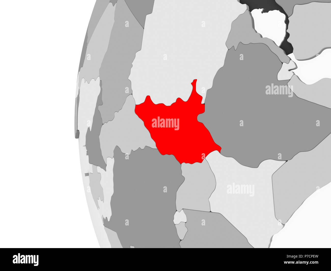 South Sudan highlighted on grey 3D model of political globe with ...