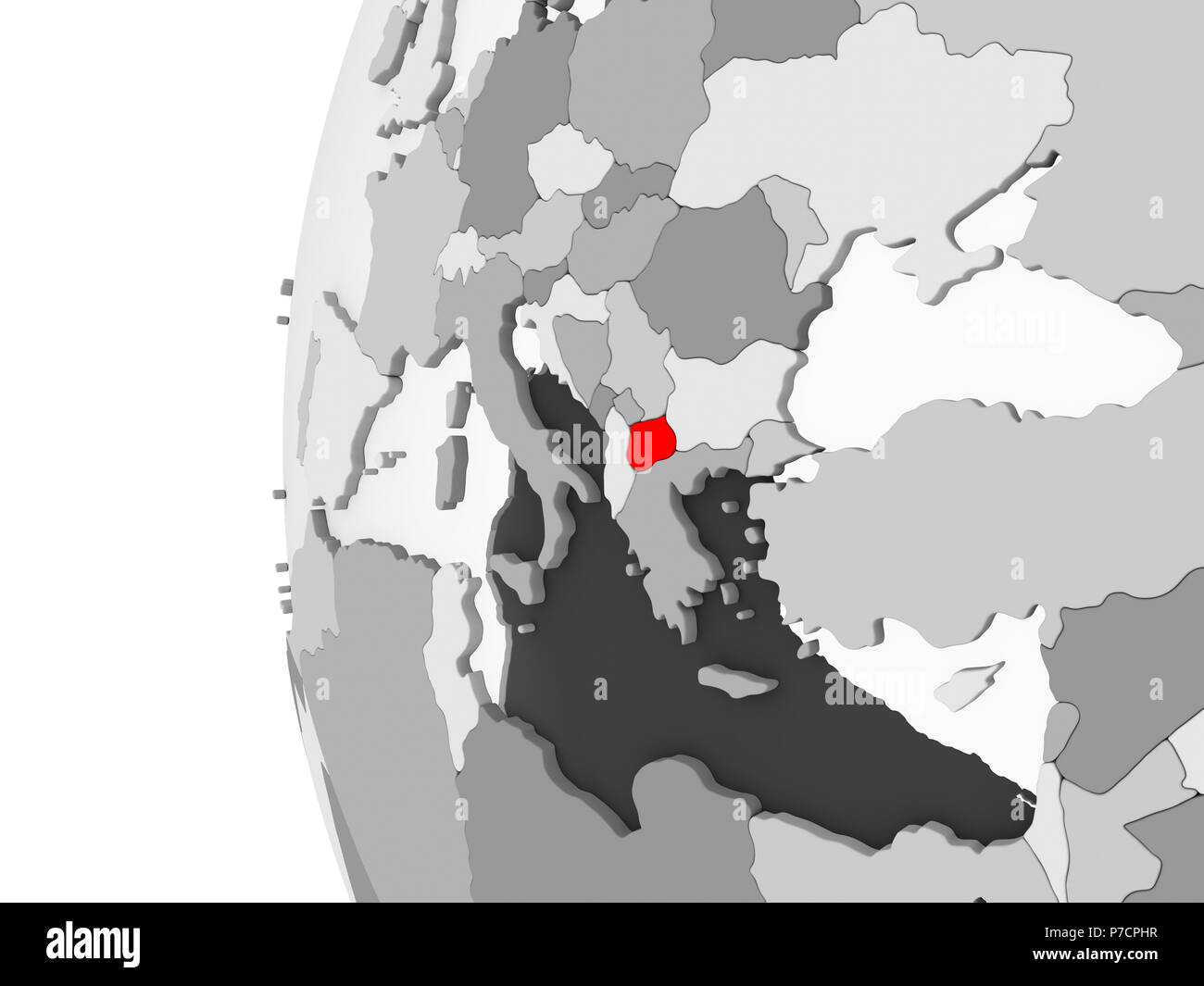 Macedonia highlighted on grey 3D model of political globe with ...
