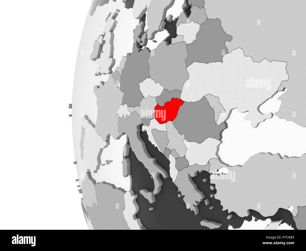 Hungary highlighted on grey 3D model of political globe with ...