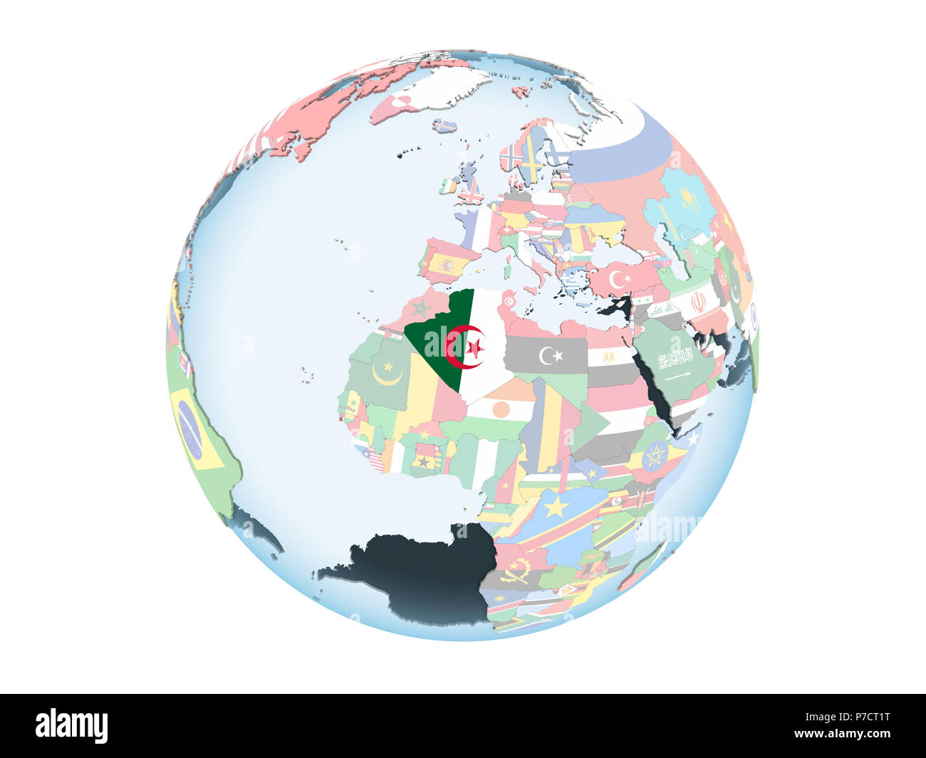 Algeria on bright political globe with embedded flag. 3D illustration ...