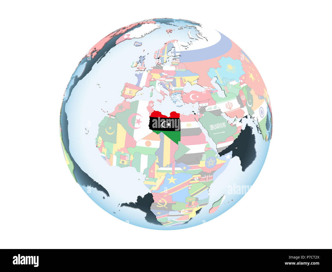 Libya on bright political globe with embedded flag. 3D illustration ...