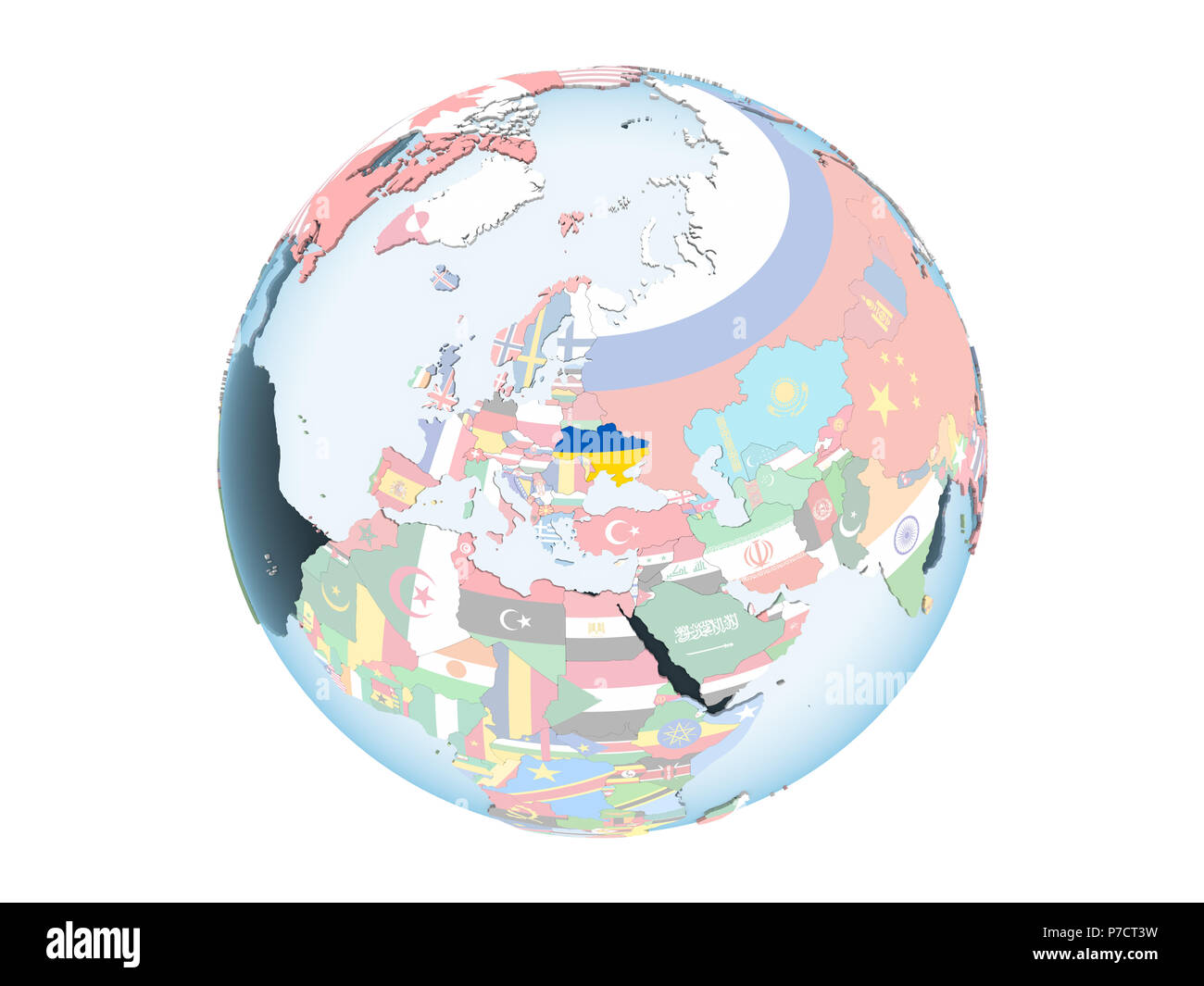 Ukraine on bright political globe with embedded flag. 3D illustration ...