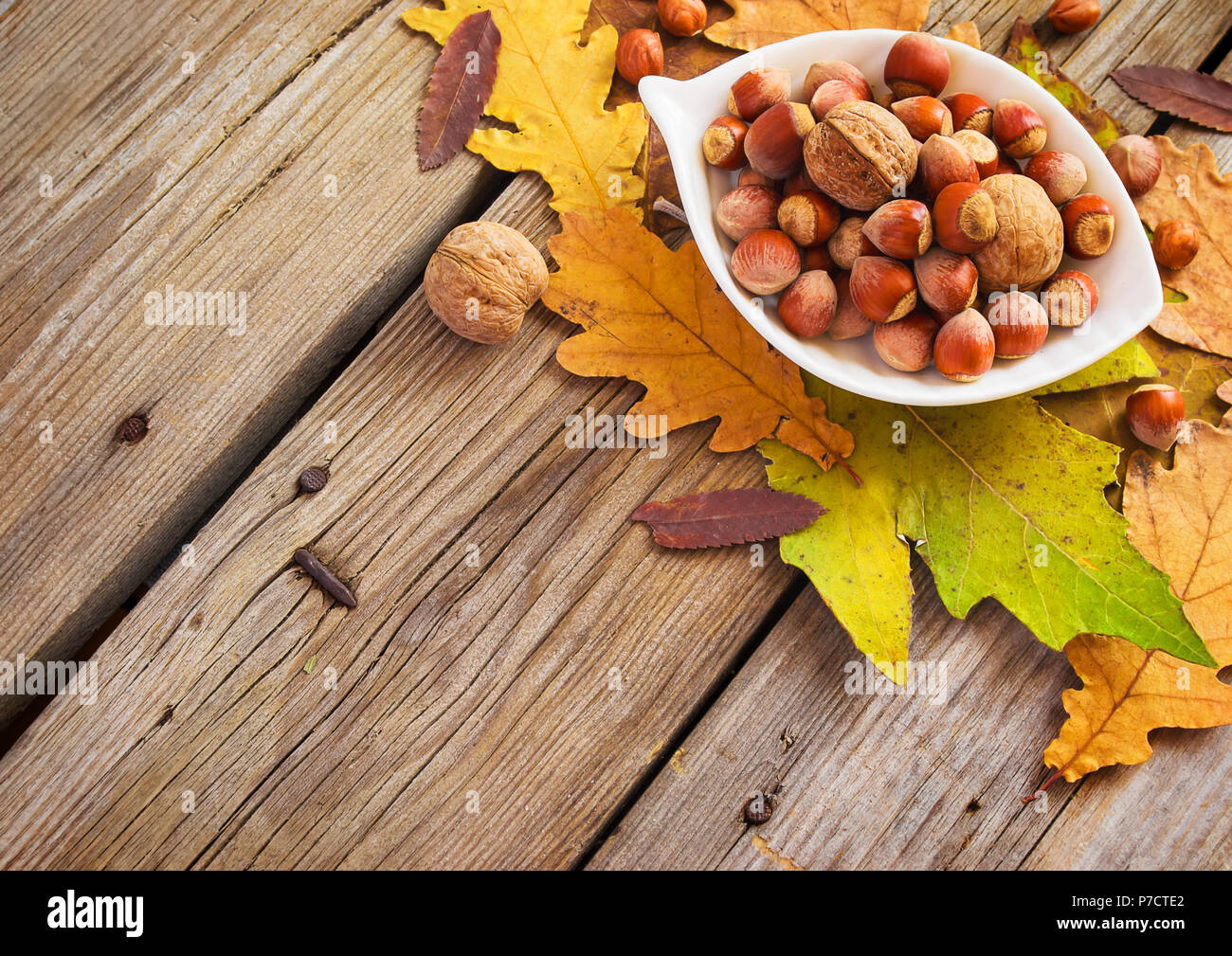 Hazelnuts and walnuts in a bowl on a background of autumn leaves with ...