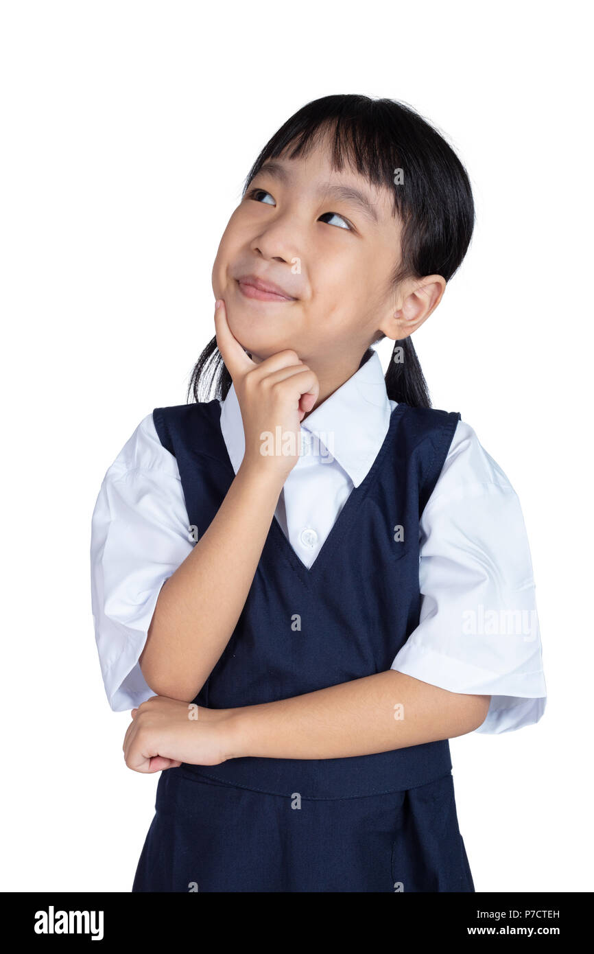 Asian Little Chinese Girl thinking with finger on chin in isolated ...