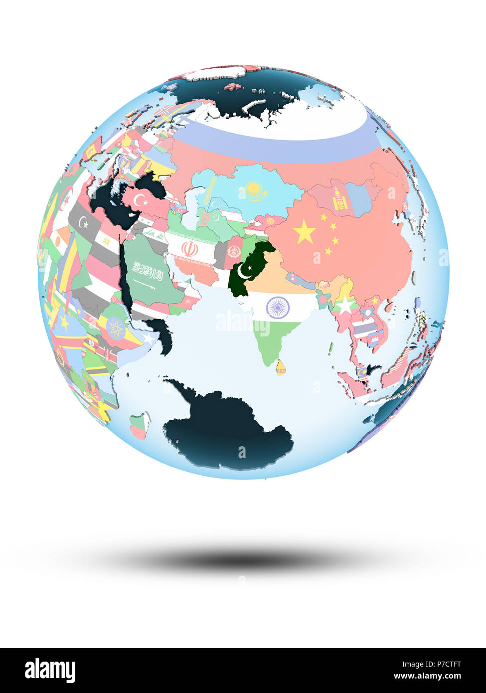 Pakistan on political globe with shadow isolated on white background ...