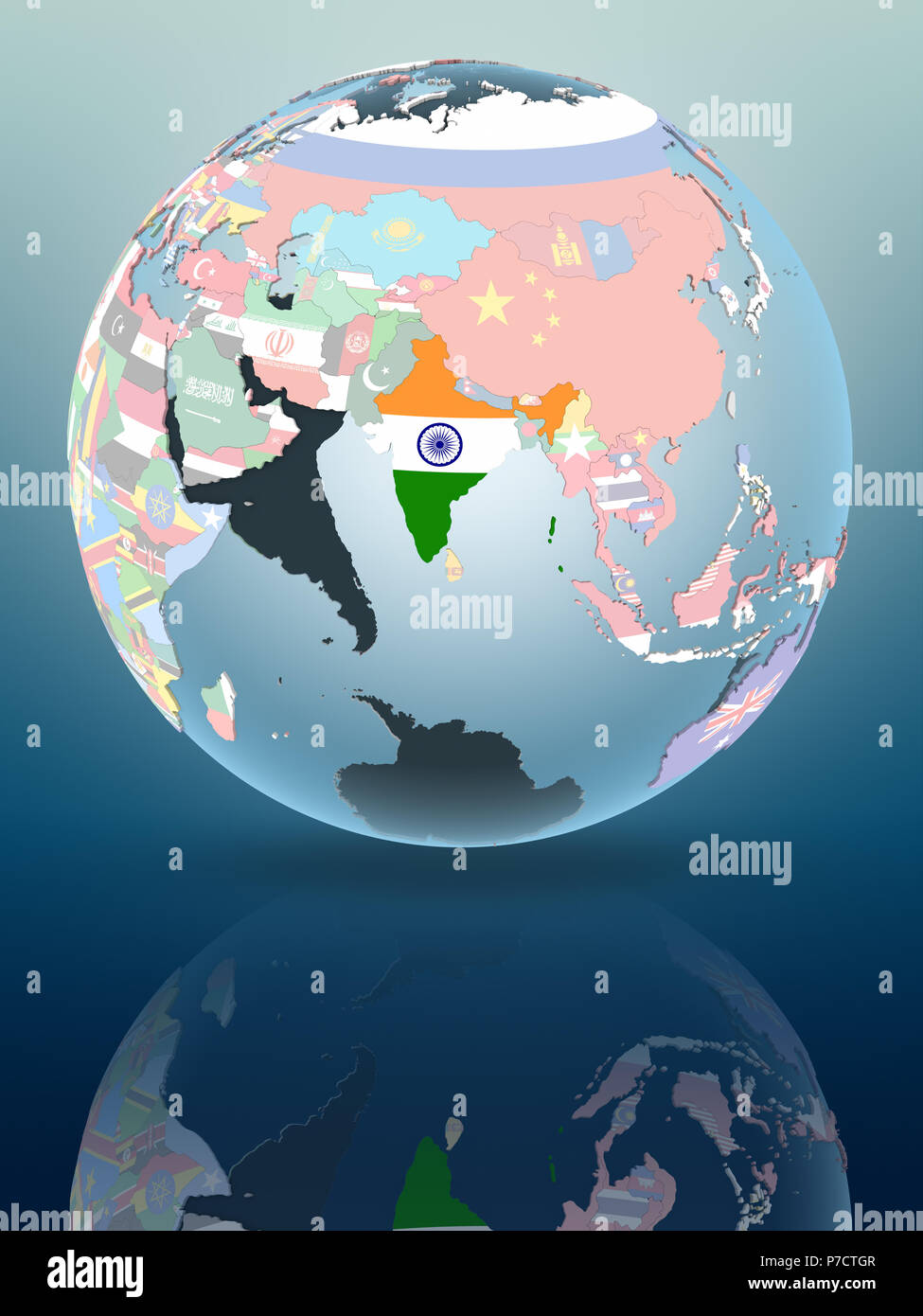 India on political globe reflecting on shiny surface. 3D illustration ...