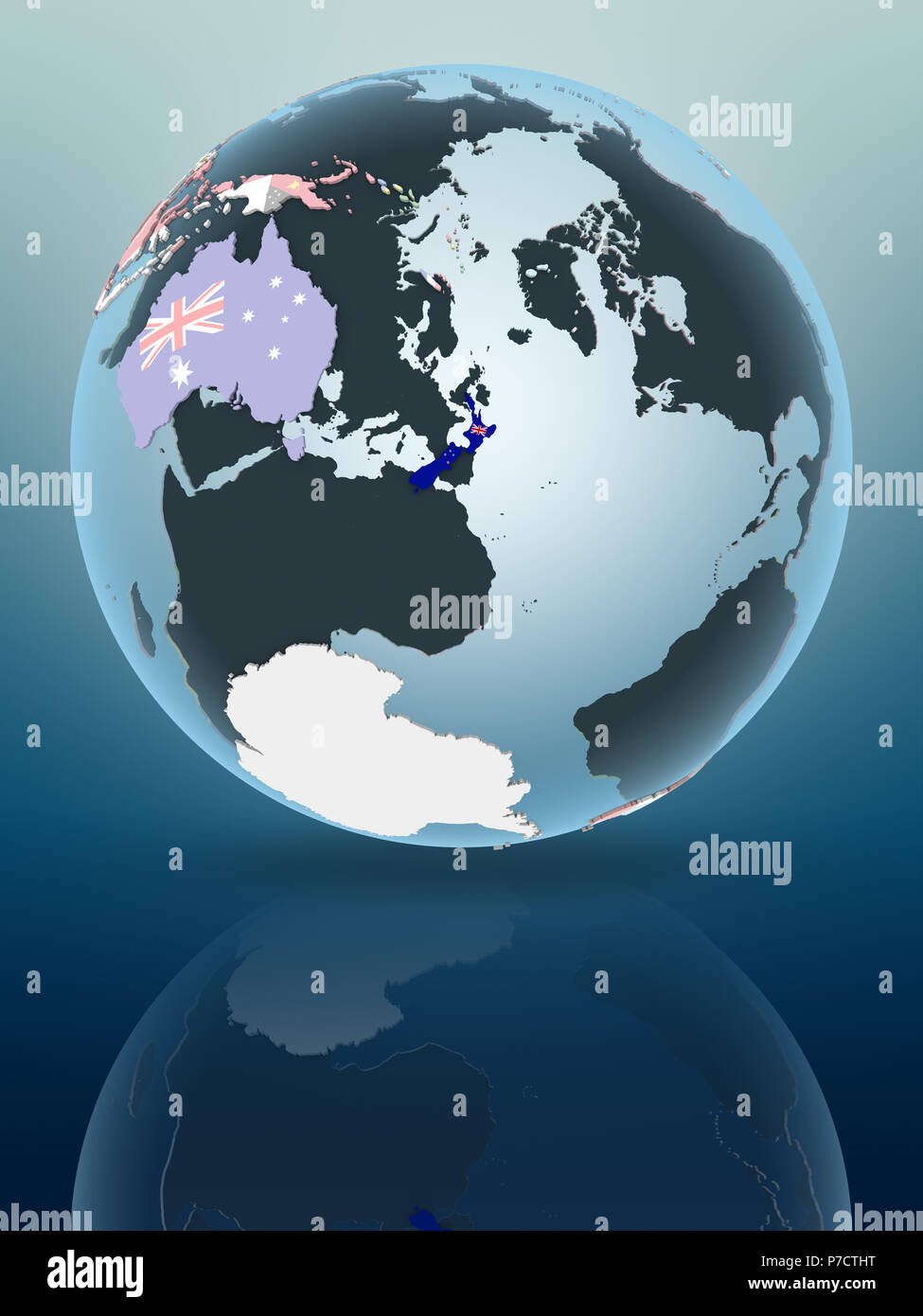 New Zealand on political globe reflecting on shiny surface. 3D ...