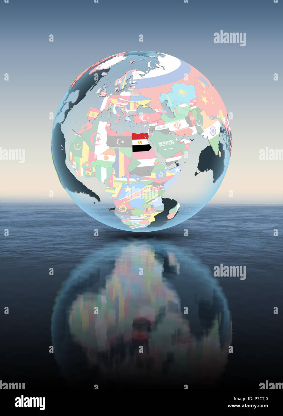 Egypt on political globe floating above water. 3D illustration Stock ...