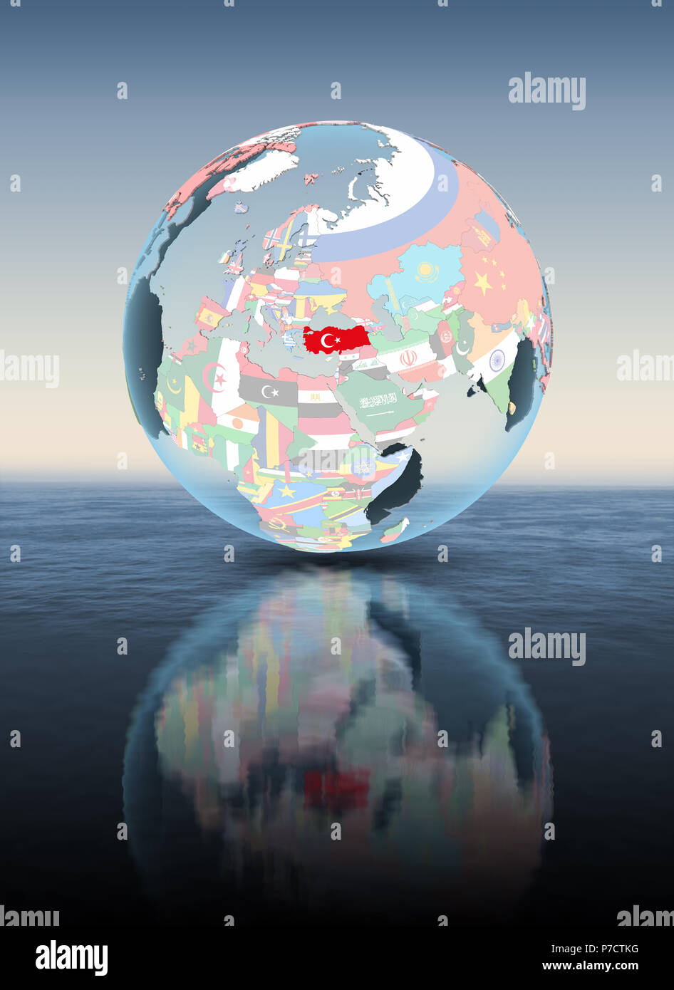 Turkey on political globe floating above water. 3D illustration Stock ...