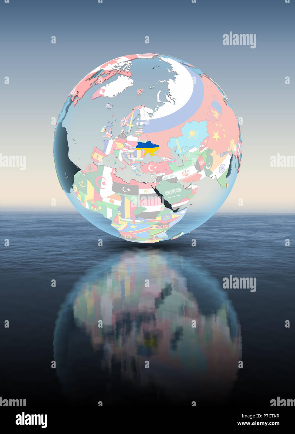 Ukraine on political globe floating above water. 3D illustration Stock ...