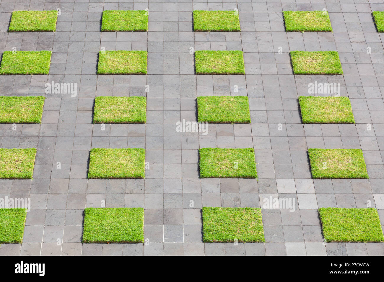 Squares of grass and concrete - modern outdoor pavement texture closeup ...
