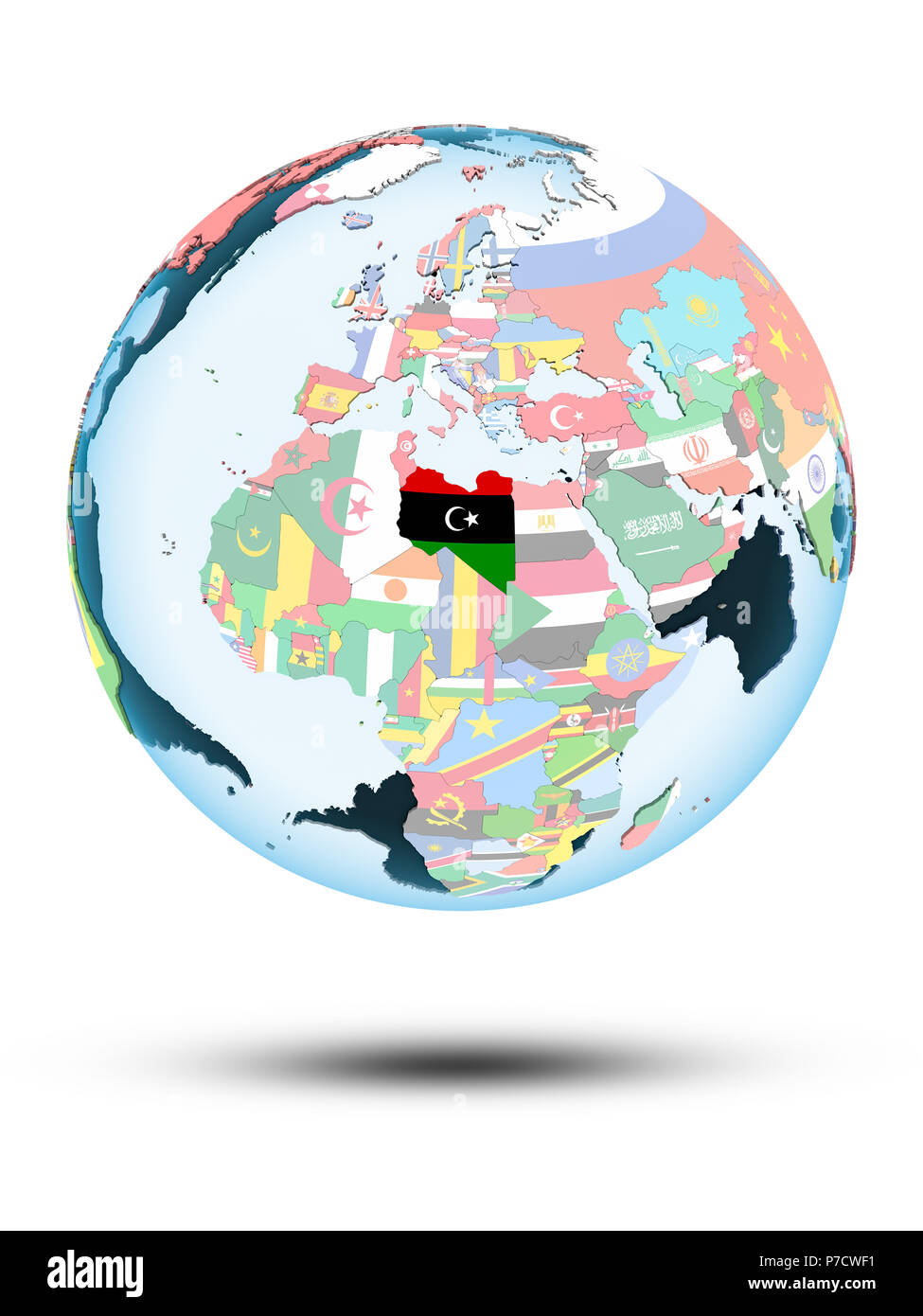 Libya on political globe with shadow isolated on white background. 3D ...