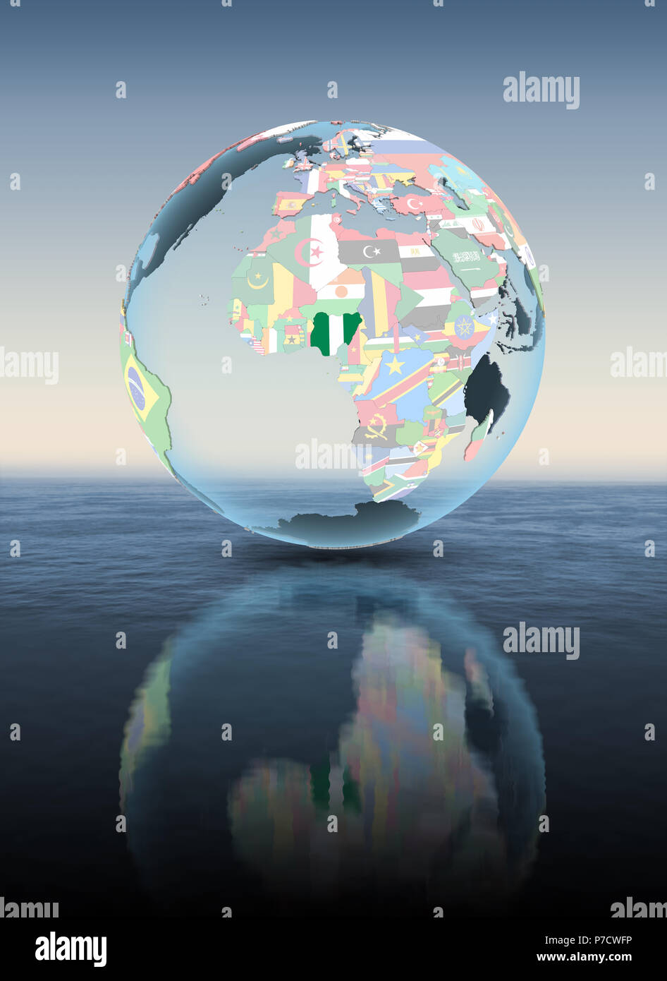 Nigeria on political globe floating above water. 3D illustration Stock ...