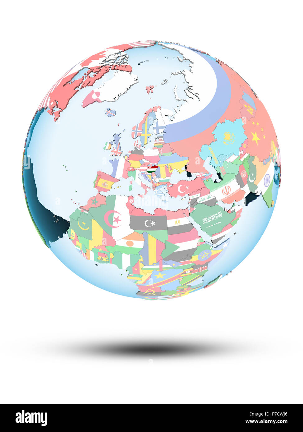 Hungary on political globe with shadow isolated on white background. 3D ...
