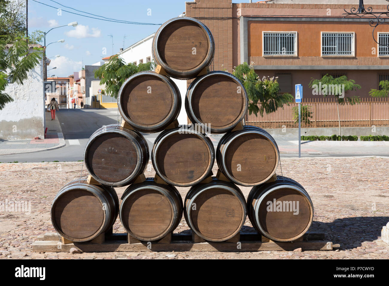 wooden barrels for wine, placed in a pyramid Stock Photo - Alamy