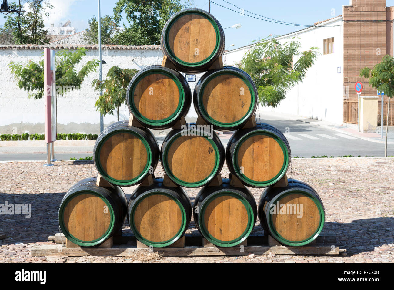 wooden barrels for wine, placed in a pyramid Stock Photo - Alamy