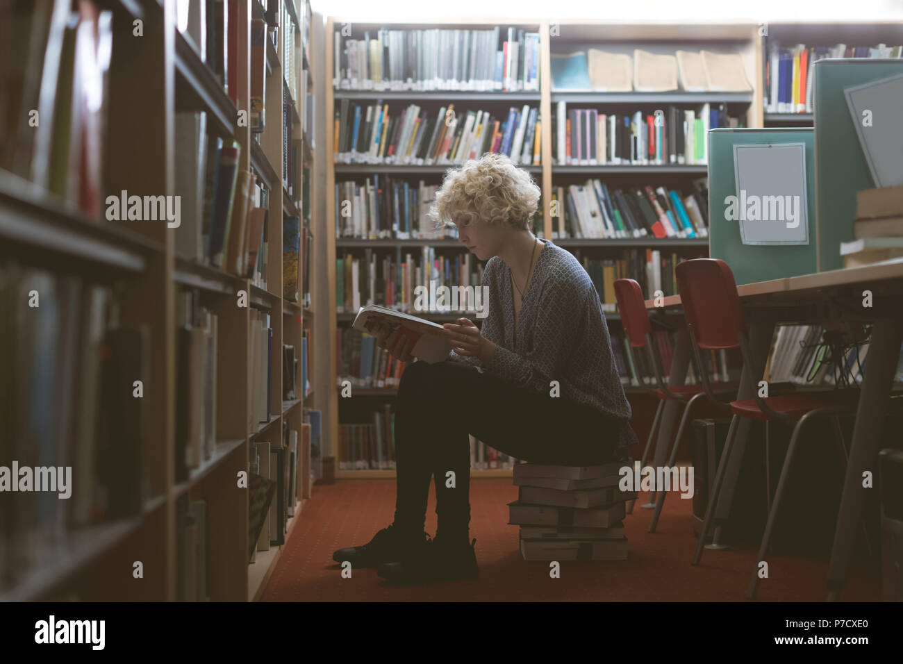 Woman reading a book in library Stock Photo - Alamy