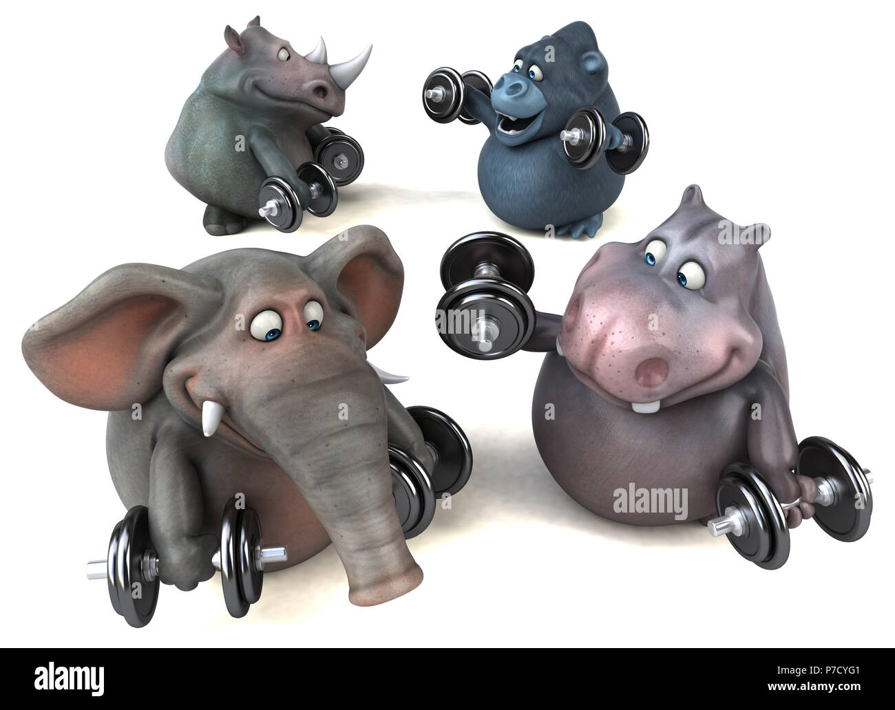 Fit hippo, rhino, elephant and gorilla - 3D Illustration Stock Photo ...