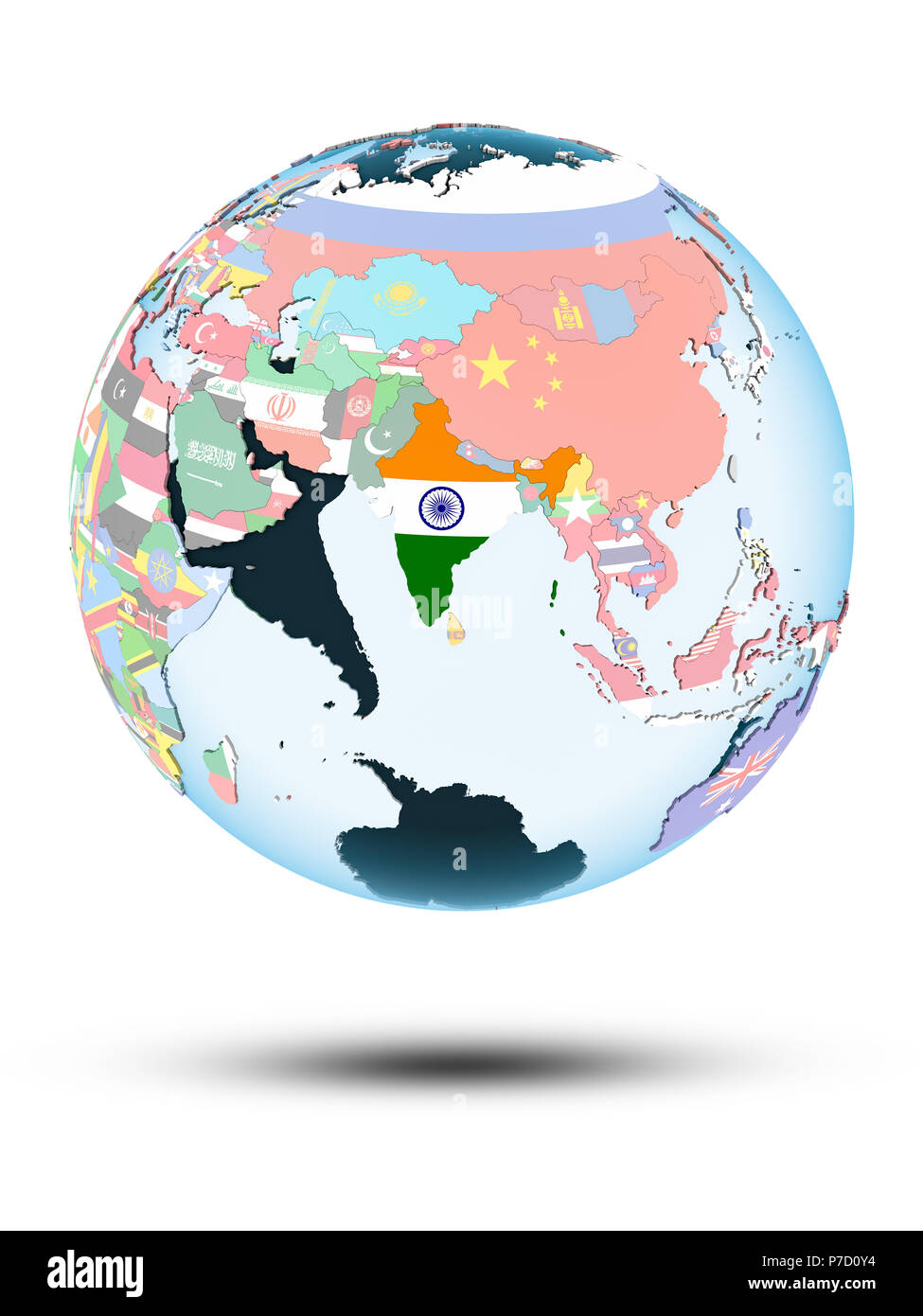 India on political globe with shadow isolated on white background. 3D ...