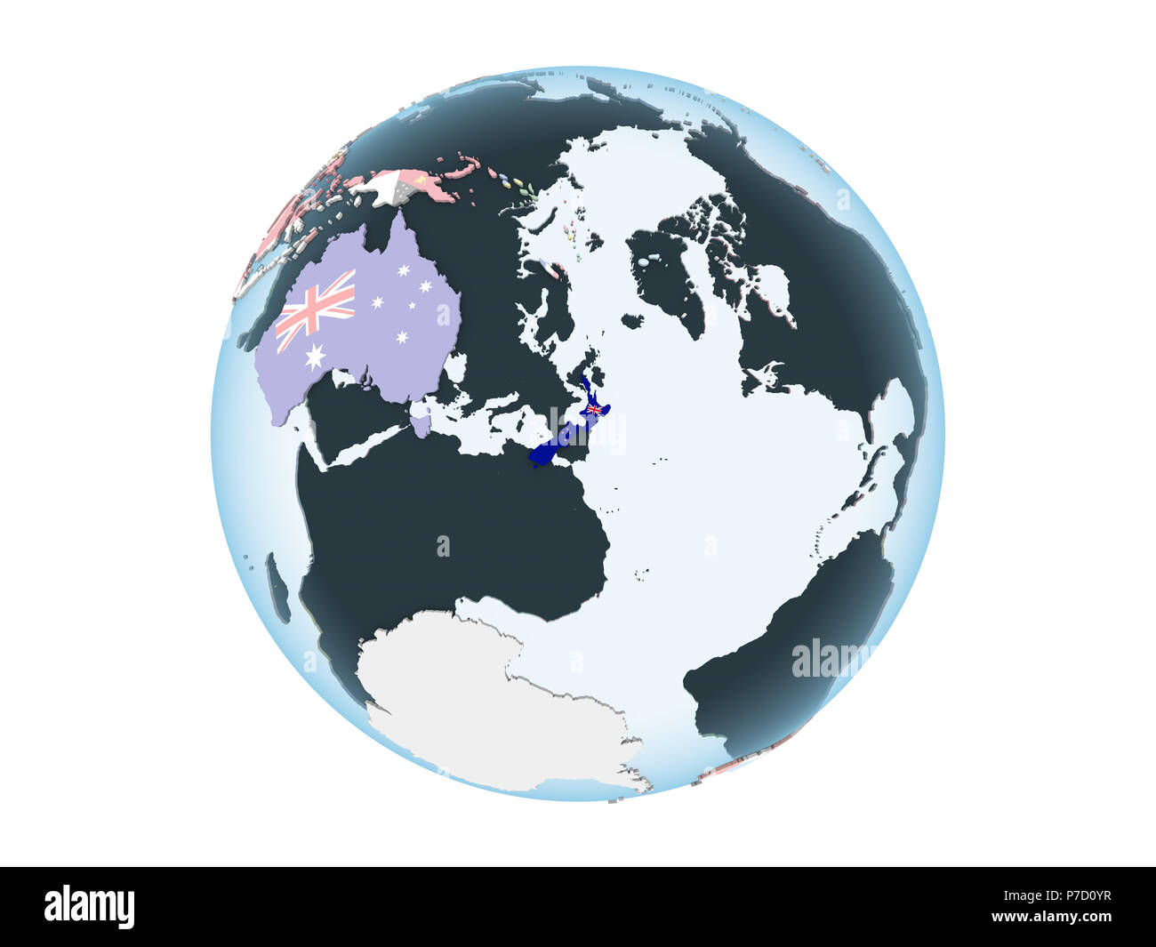 New Zealand on bright political globe with embedded flag. 3D ...