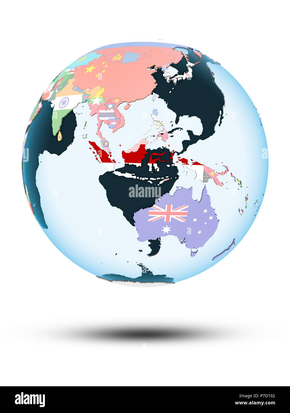 Indonesia on political globe with shadow isolated on white background ...