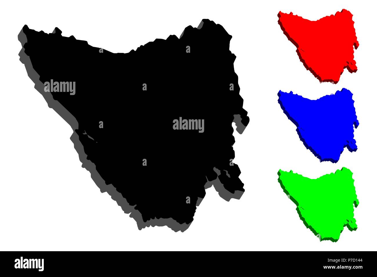 3D map of Tasmania (Tas, Tassie, Van Diemen's Land) - black, red, blue ...