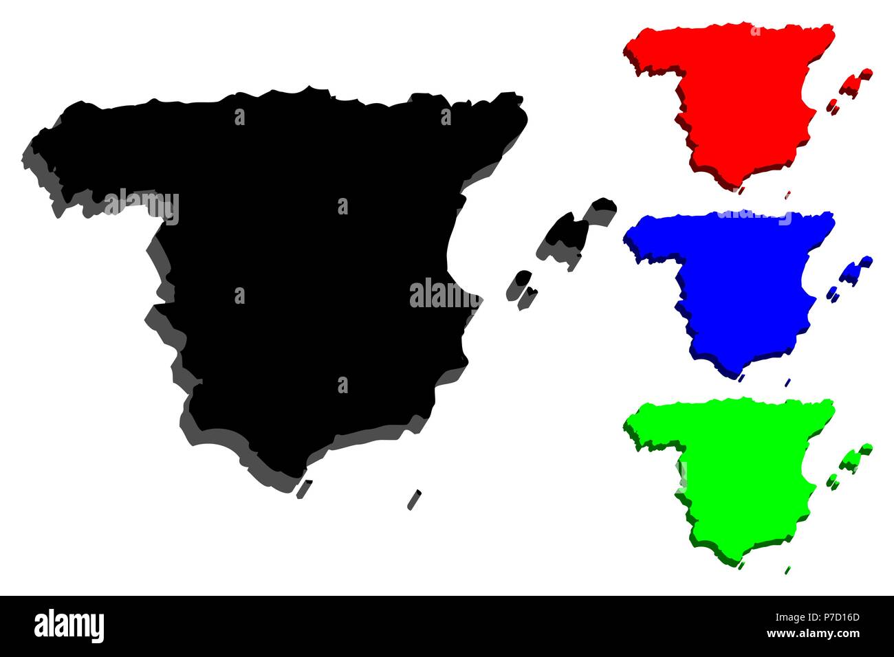 3D map of Spain (Kingdom of Spain) - black, red, blue and green ...