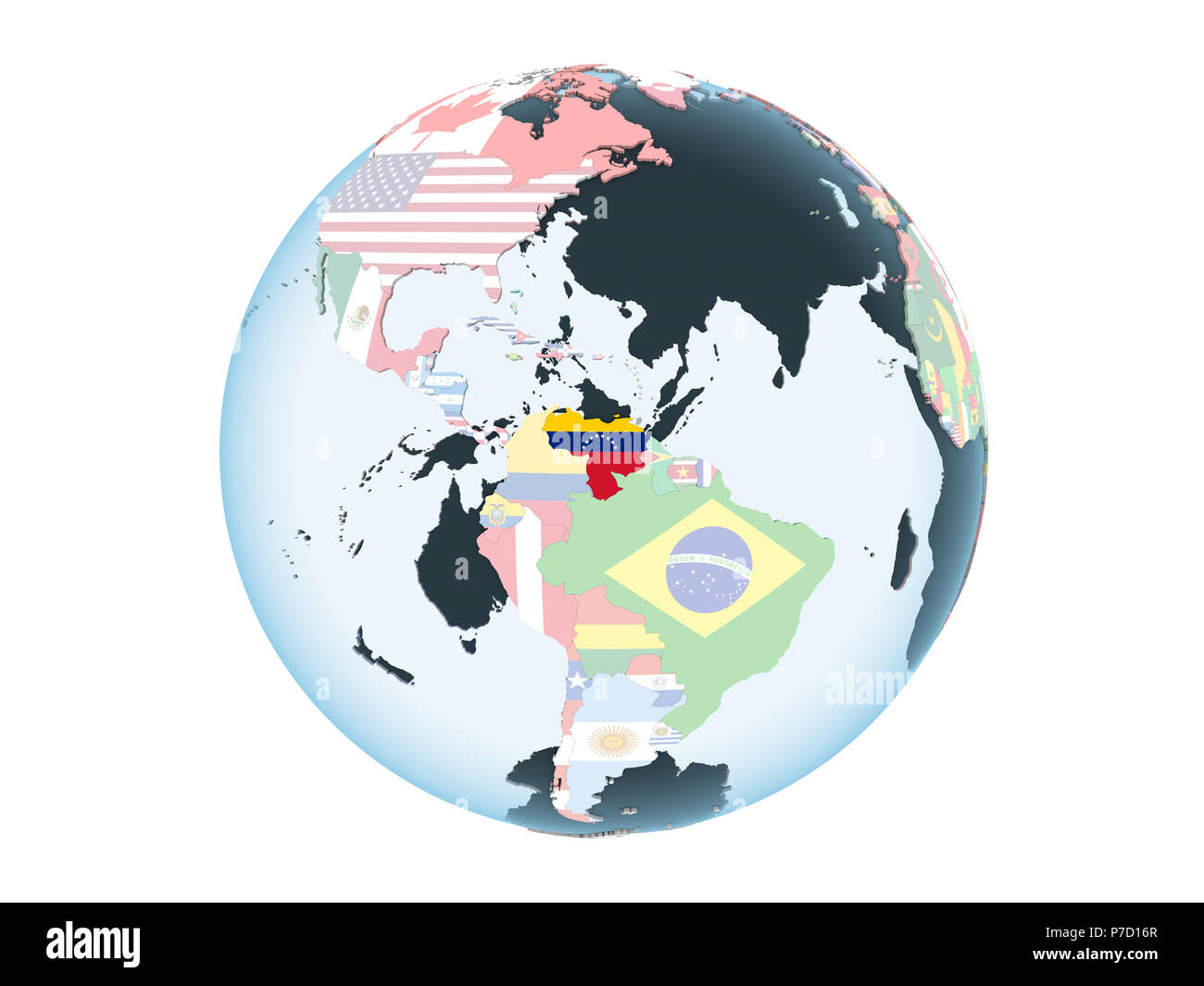 Venezuela on bright political globe with embedded flag. 3D illustration ...
