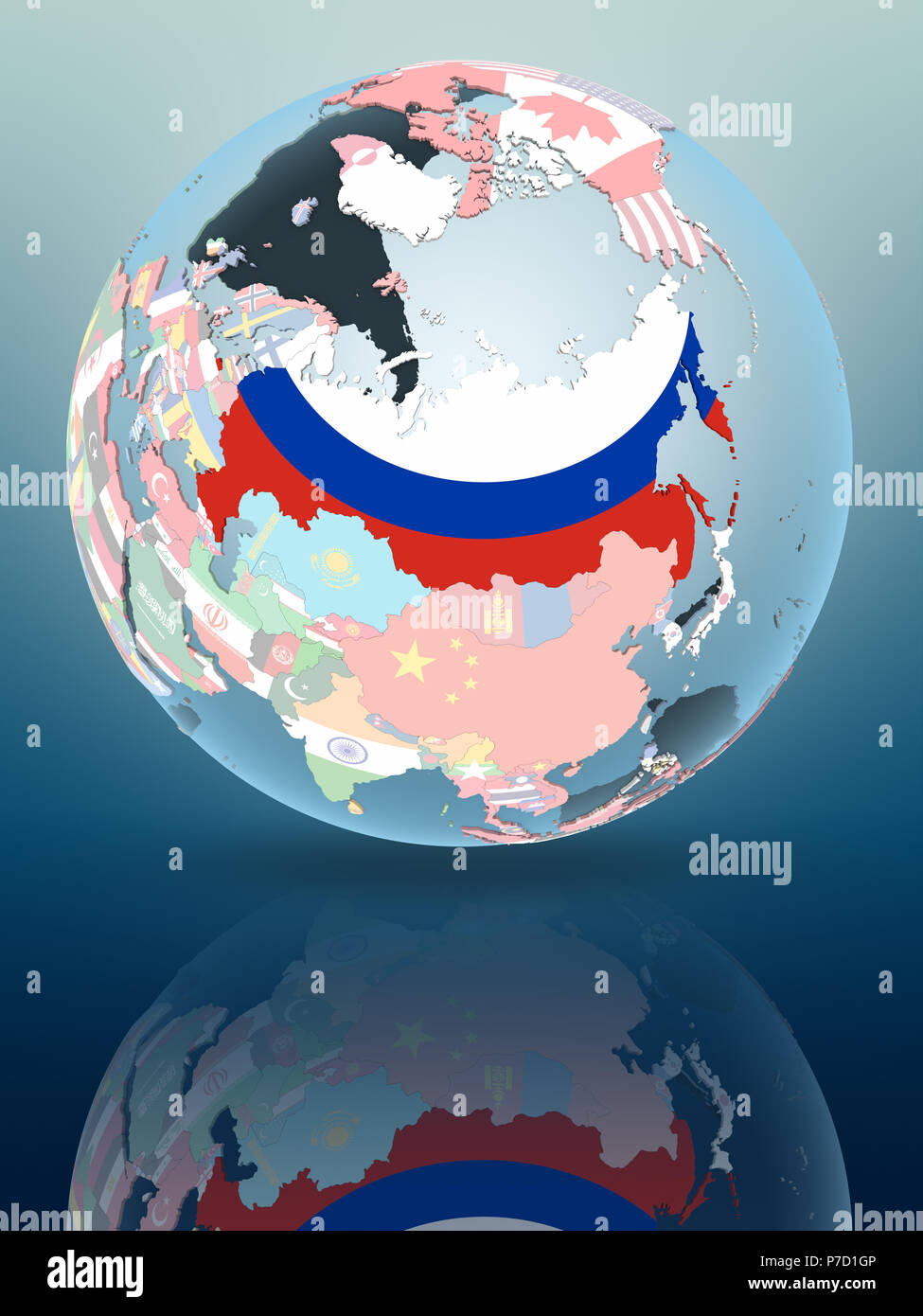 Russia on political globe reflecting on shiny surface. 3D illustration ...