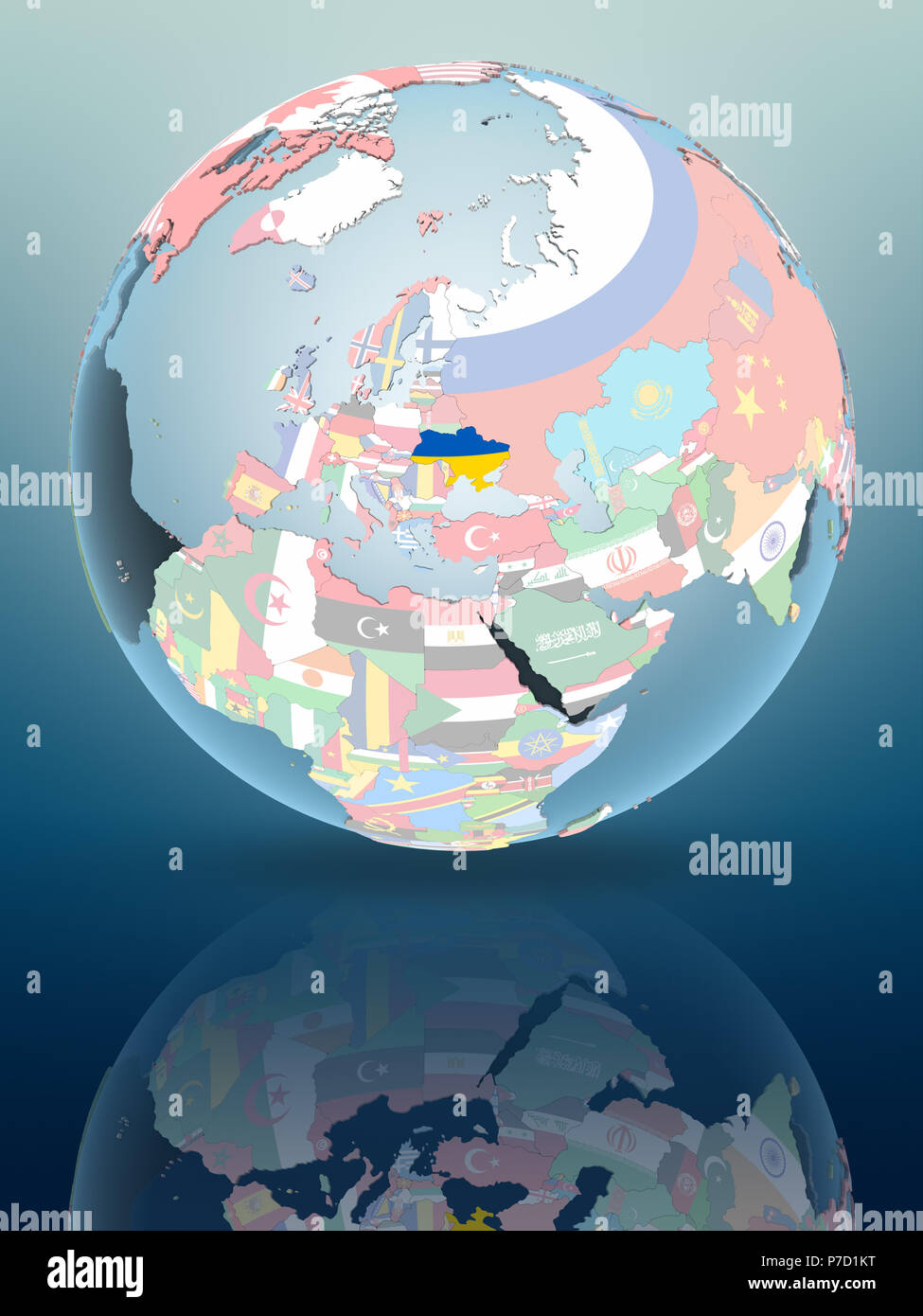 Ukraine on political globe reflecting on shiny surface. 3D illustration ...