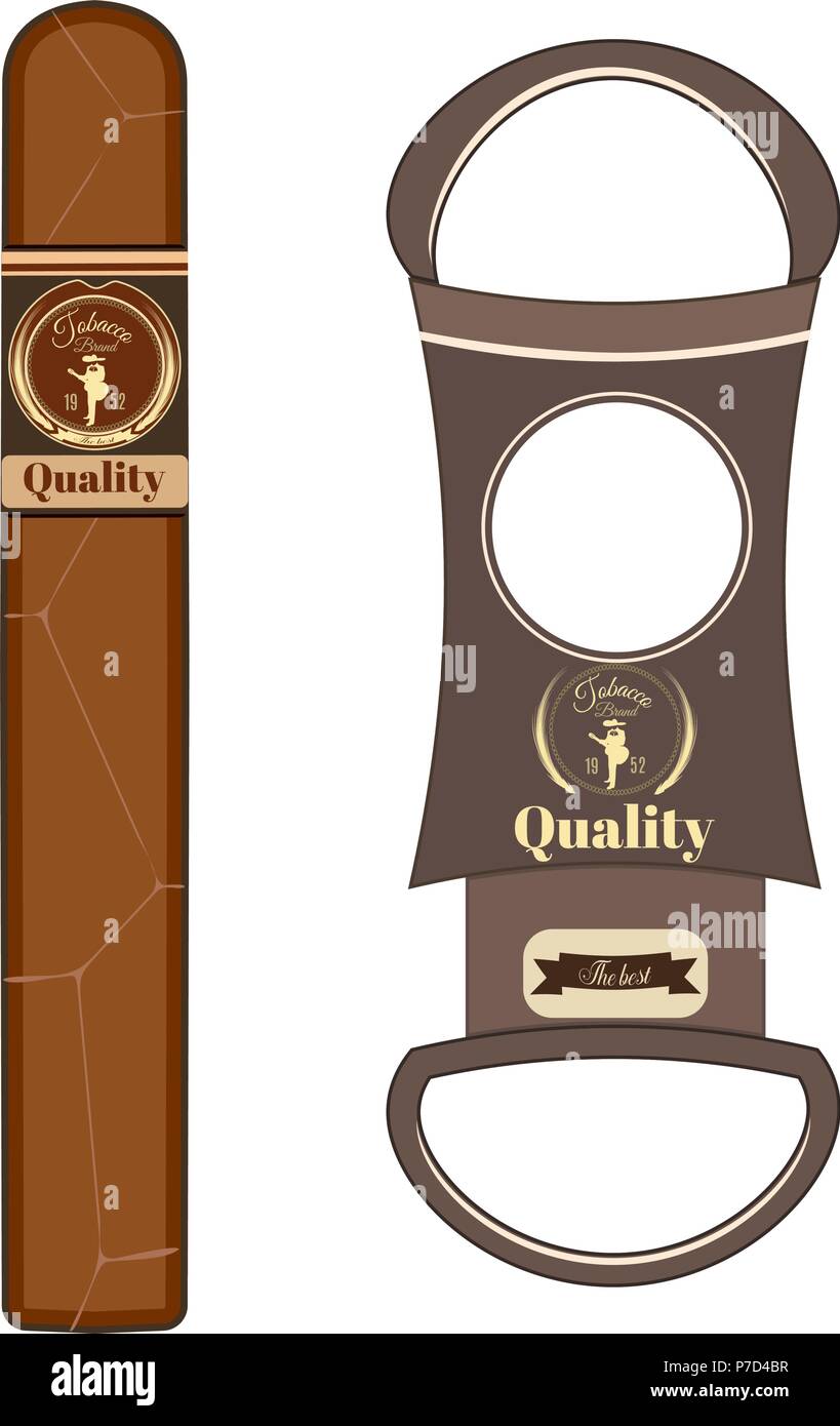 Vector illustration of cuban cigar with label and cigar cutter isolated ...