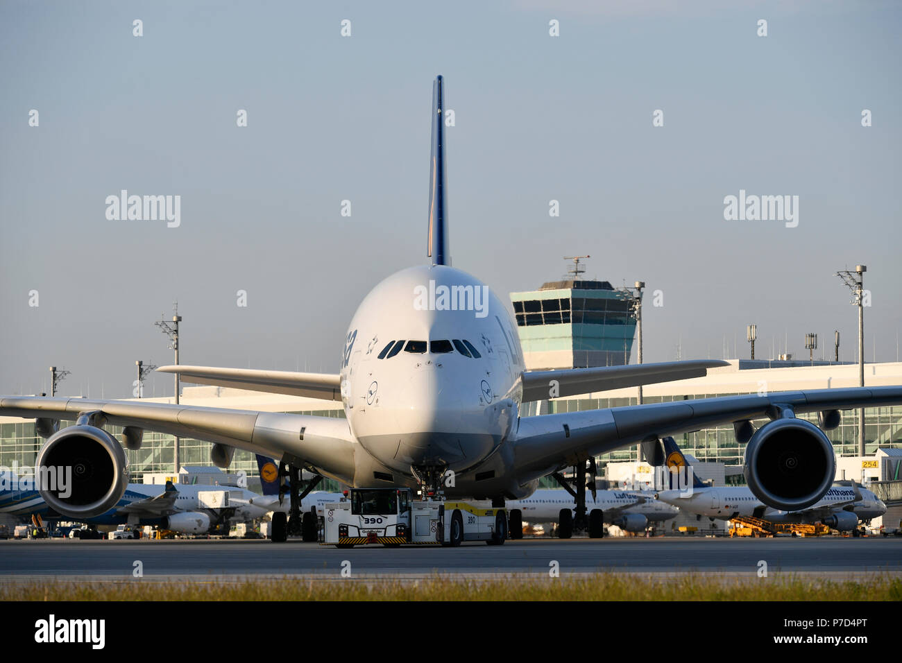 Lufthansa, Airbus, A380-800, with Push Back Truck towing from position ...