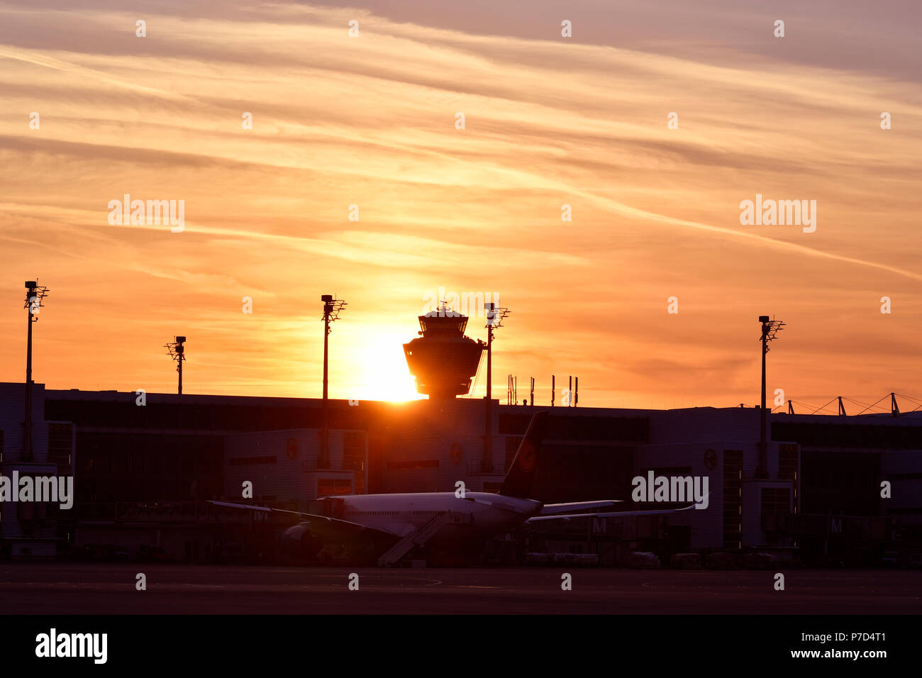 Lufthansa, Airbus, A350-900 with Tower and Terminal 2 at sunset, Munich ...