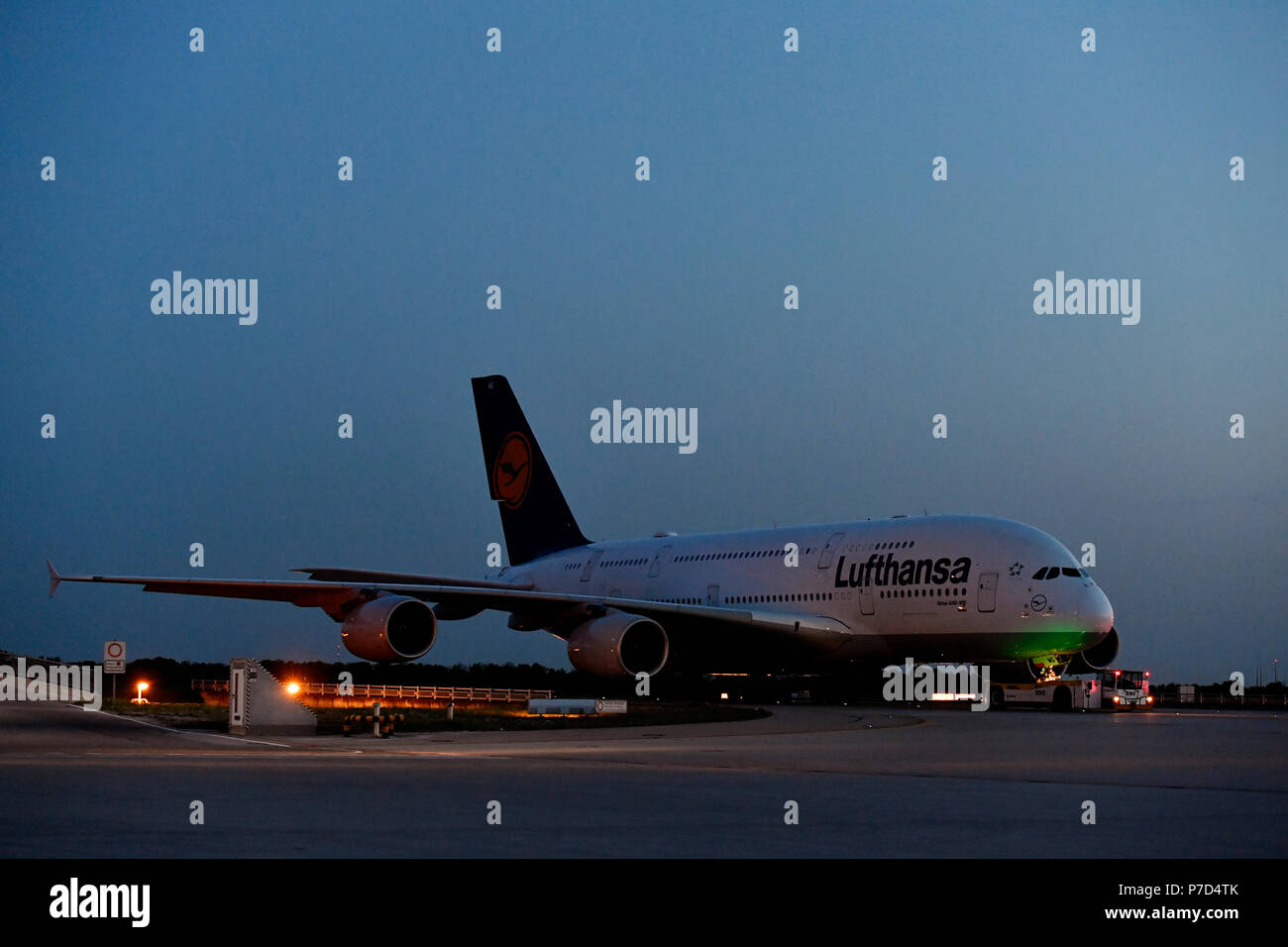 Lufthansa, Airbus, A380-800 with Push Back Truck at night, Munich ...