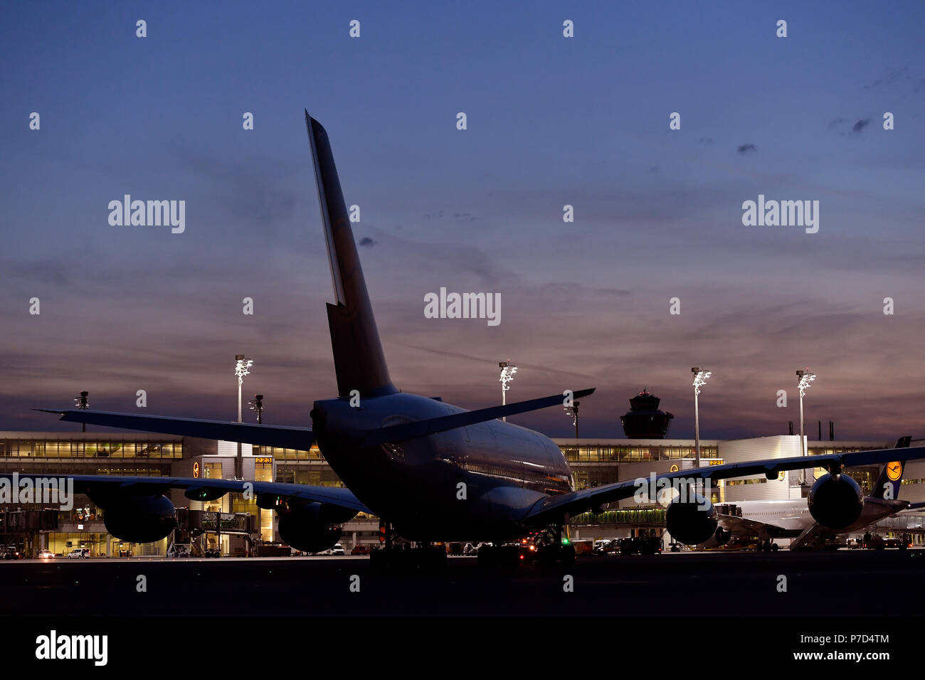 Lufthansa, Airbus, A380-800, is towed with Push Back Truck to position ...