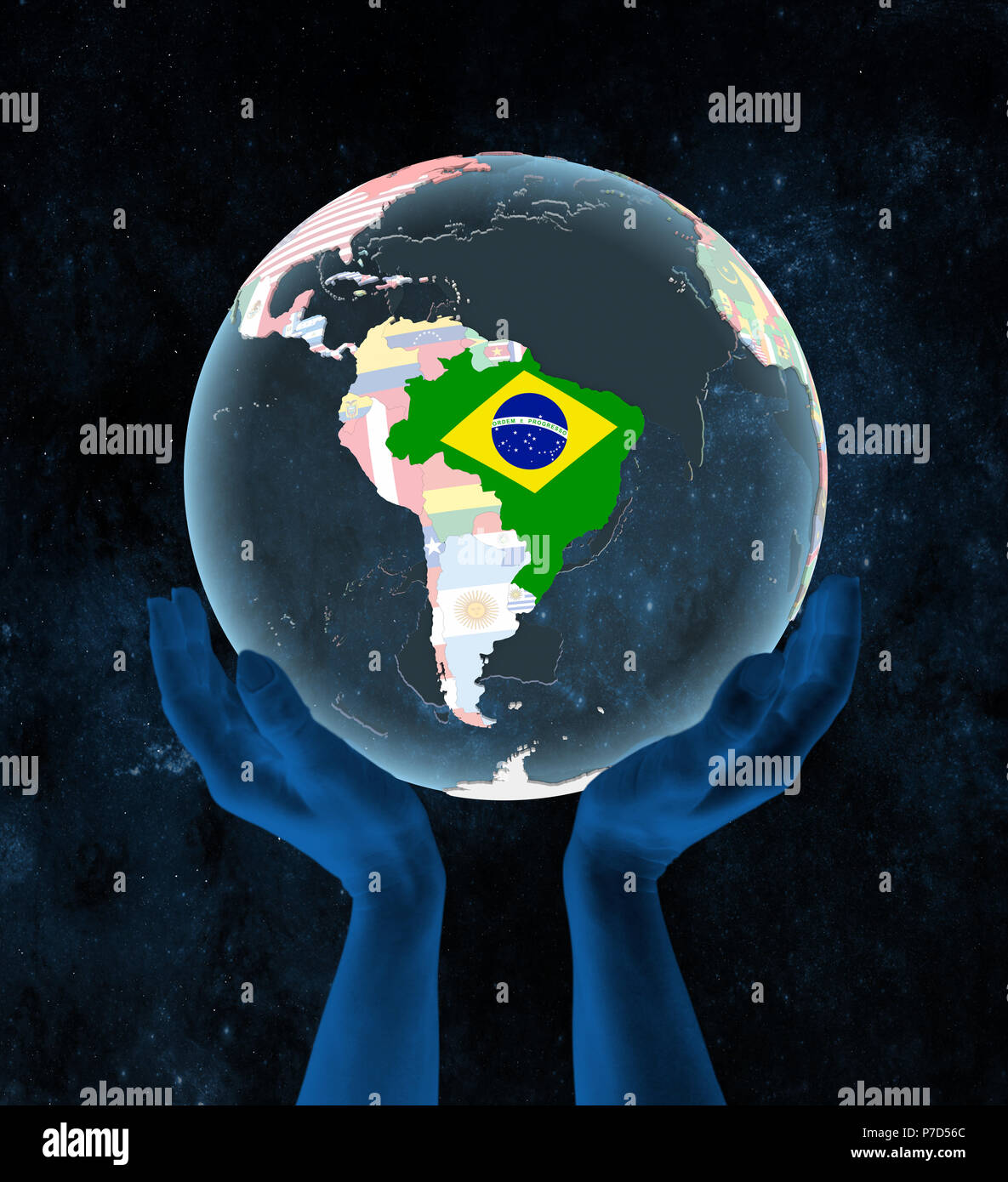 Brazil on translucent political globe in hands in space. 3D ...