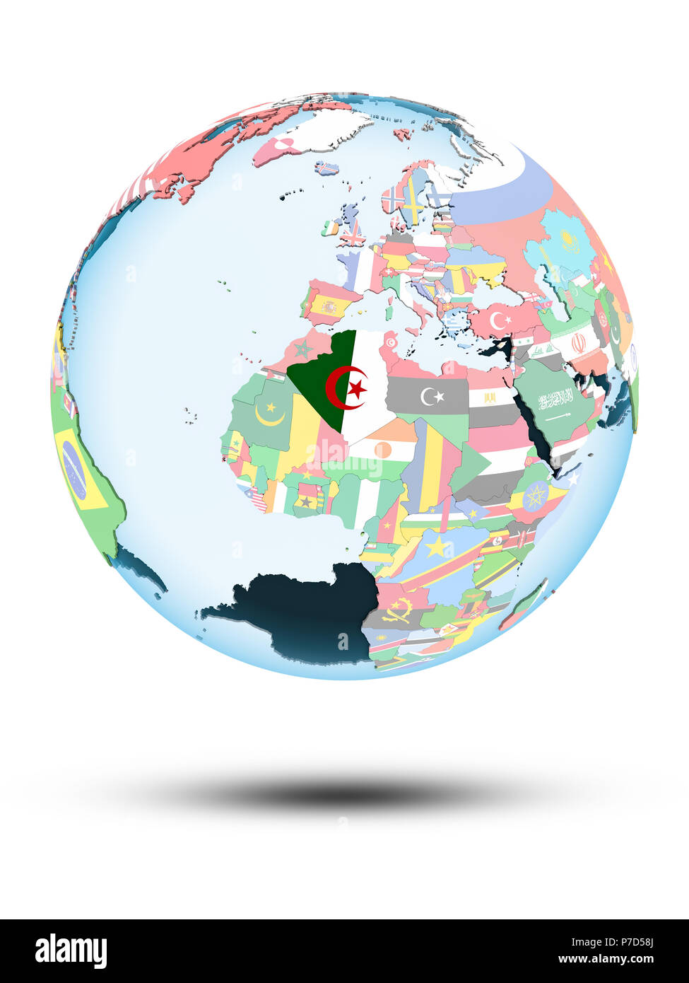 Algeria on political globe with shadow isolated on white background. 3D ...