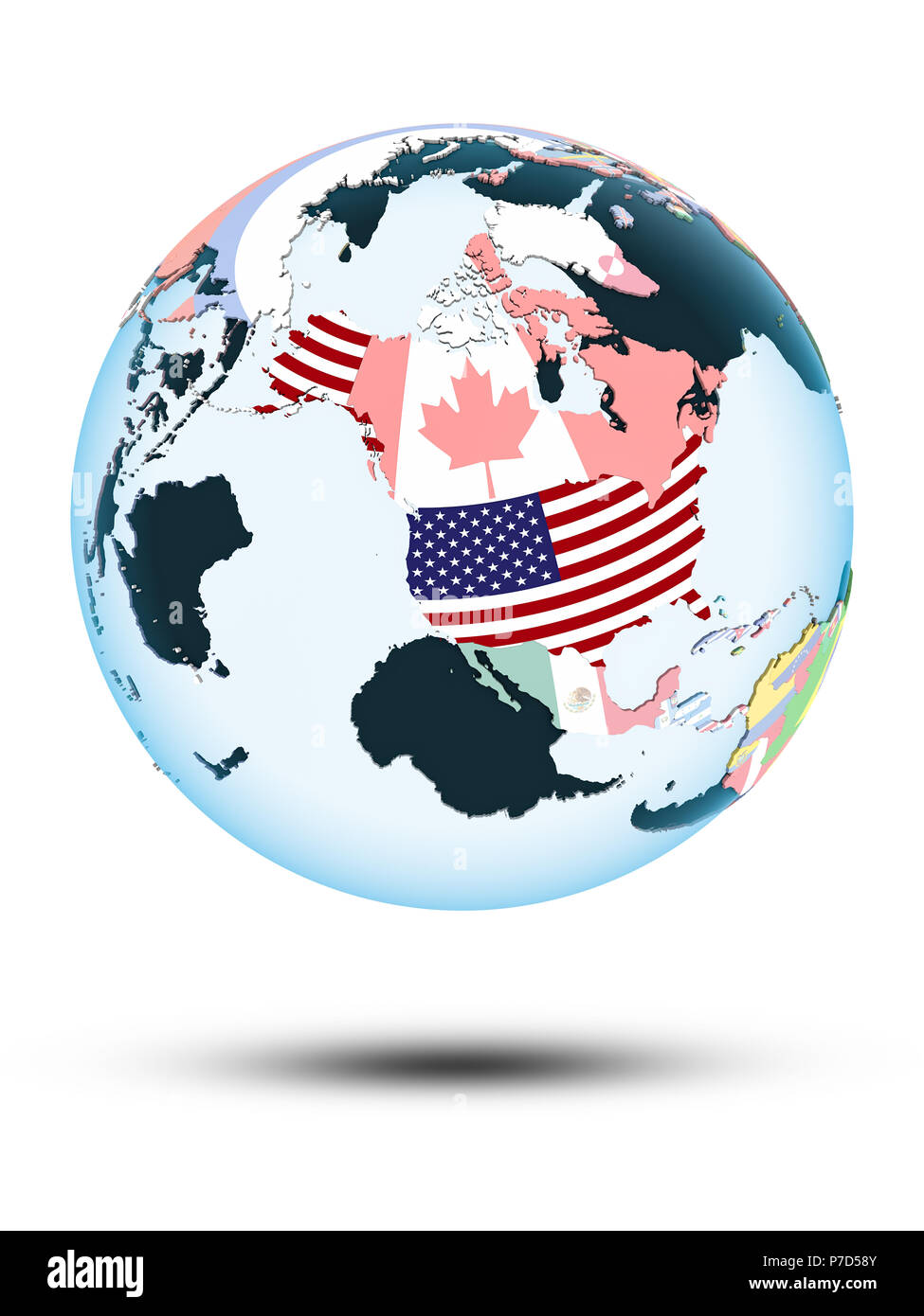 USA on political globe with shadow isolated on white background. 3D ...