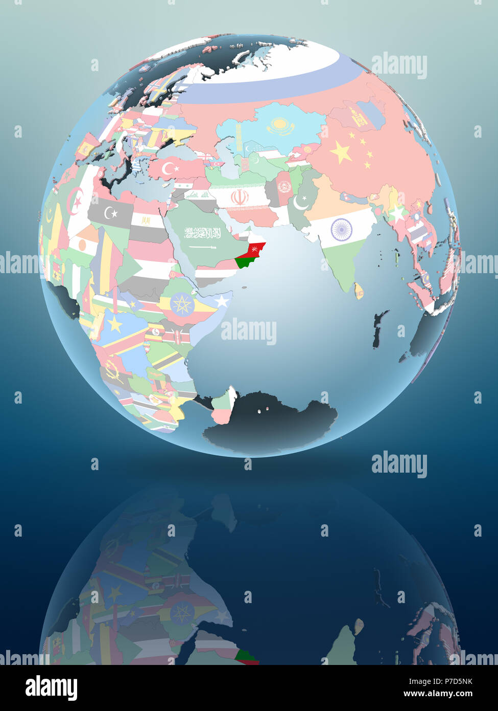 Oman on political globe reflecting on shiny surface. 3D illustration ...