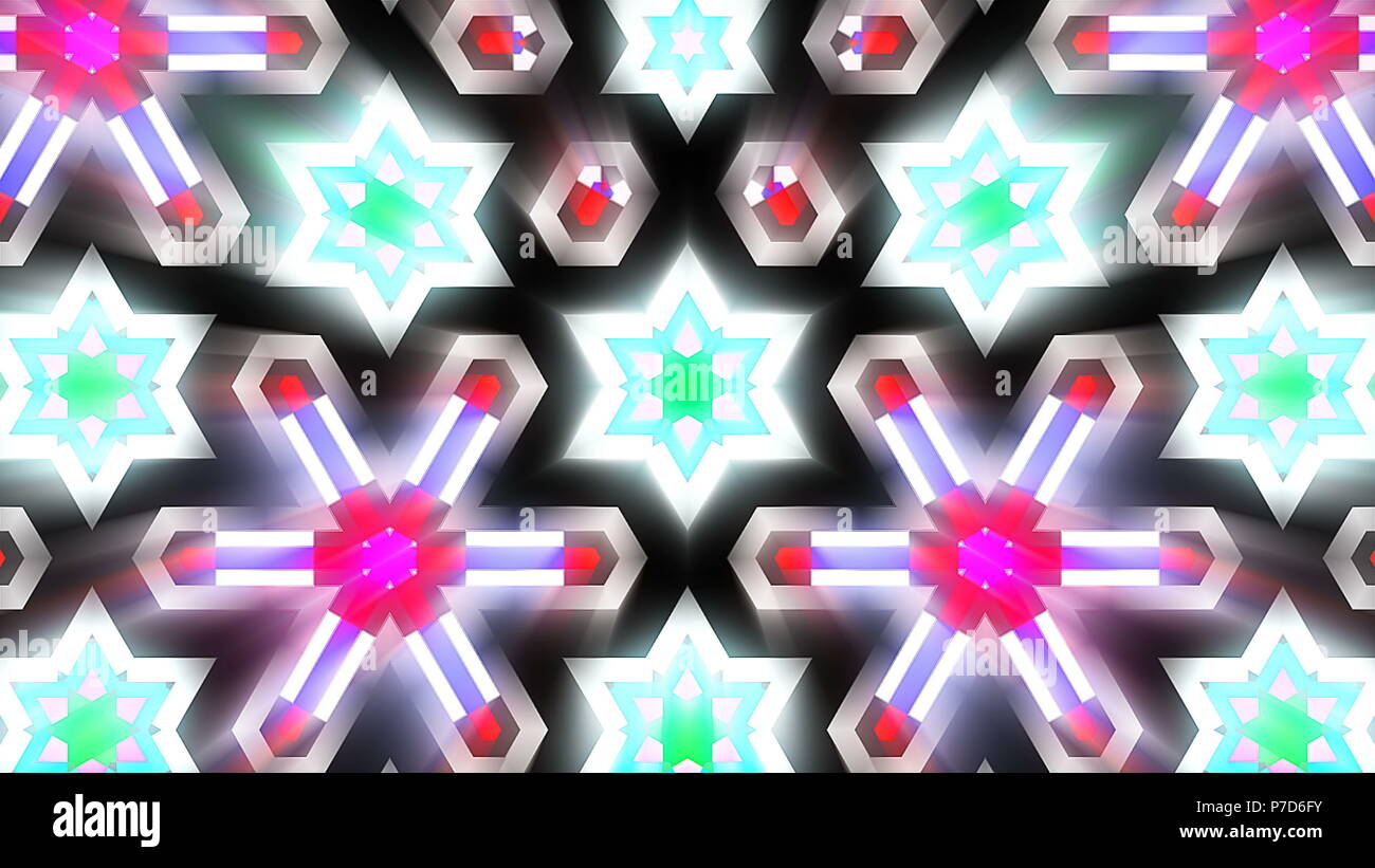 Abstract symmetry kaleidoscope with bright light rays, fractal lights, 3d render backdrop ...