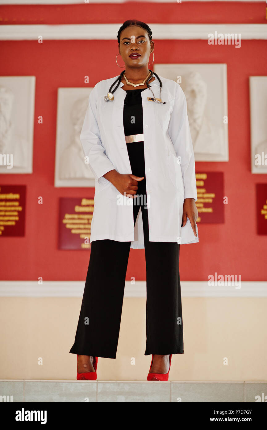 African american doctor student female at lab coat with stethoscope ...