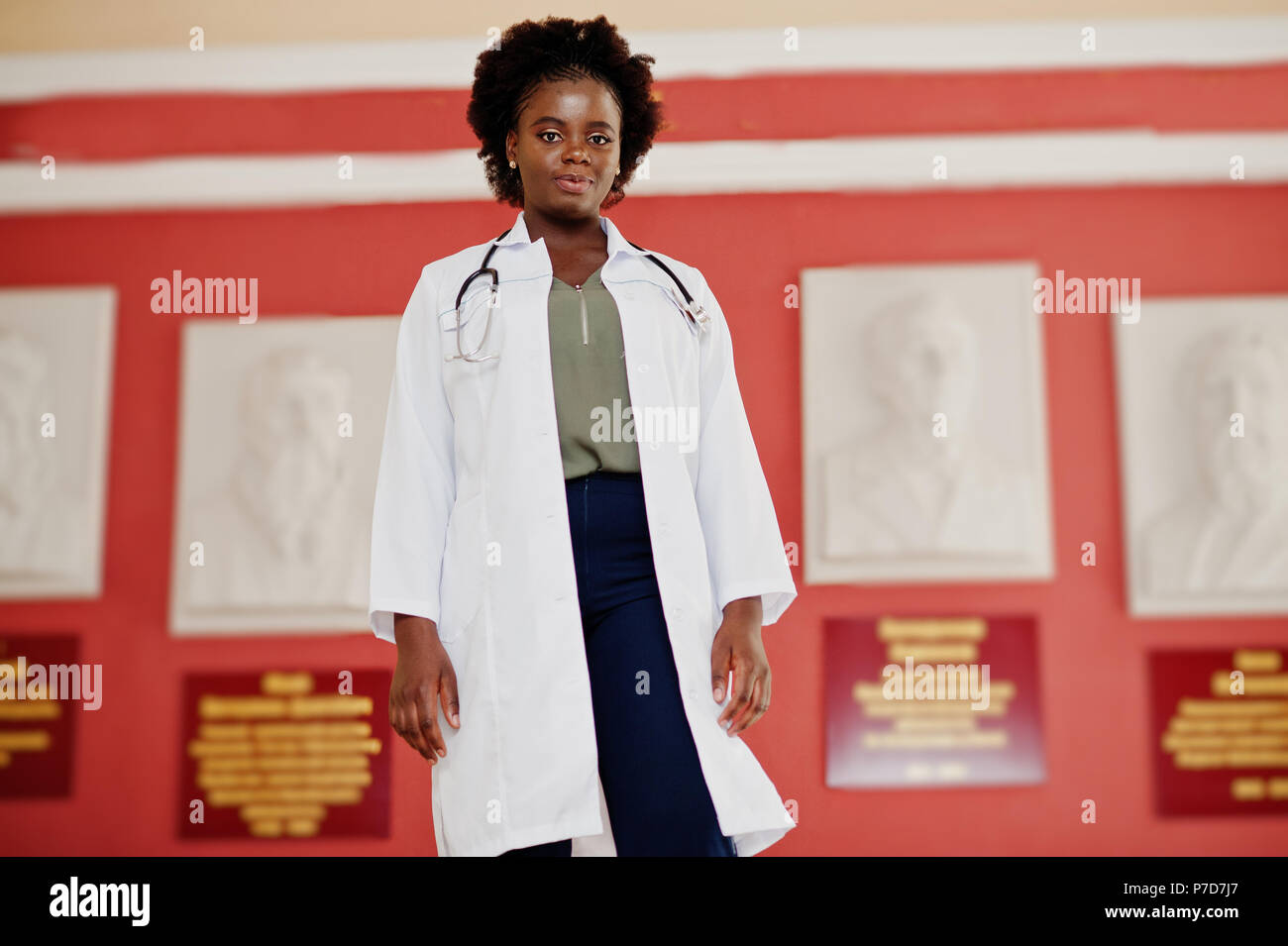 African american doctor student female at lab coat with stethoscope ...