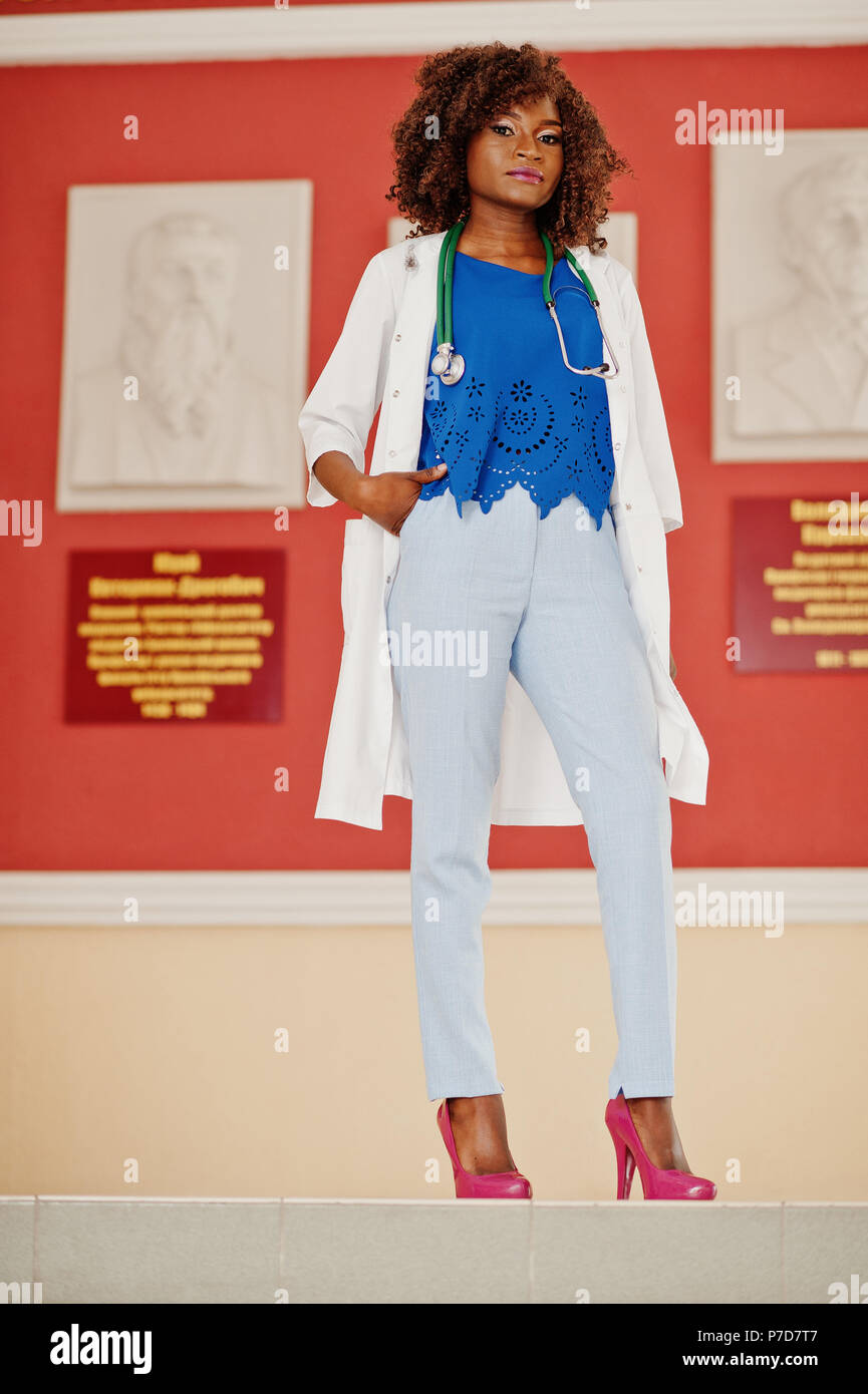 African american doctor student female at lab coat with stethoscope ...