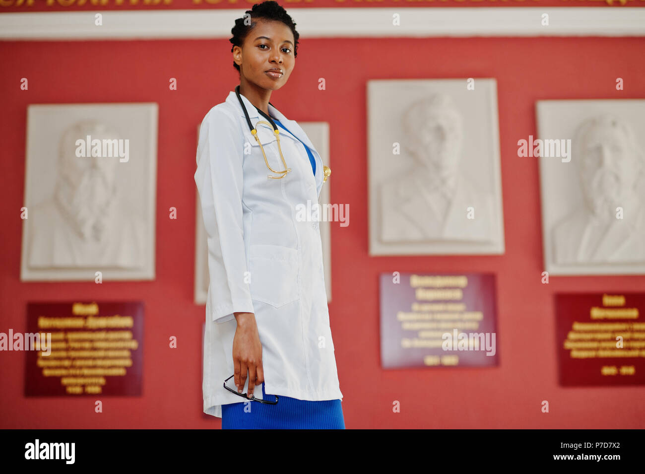 African american doctor student female at lab coat with stethoscope ...