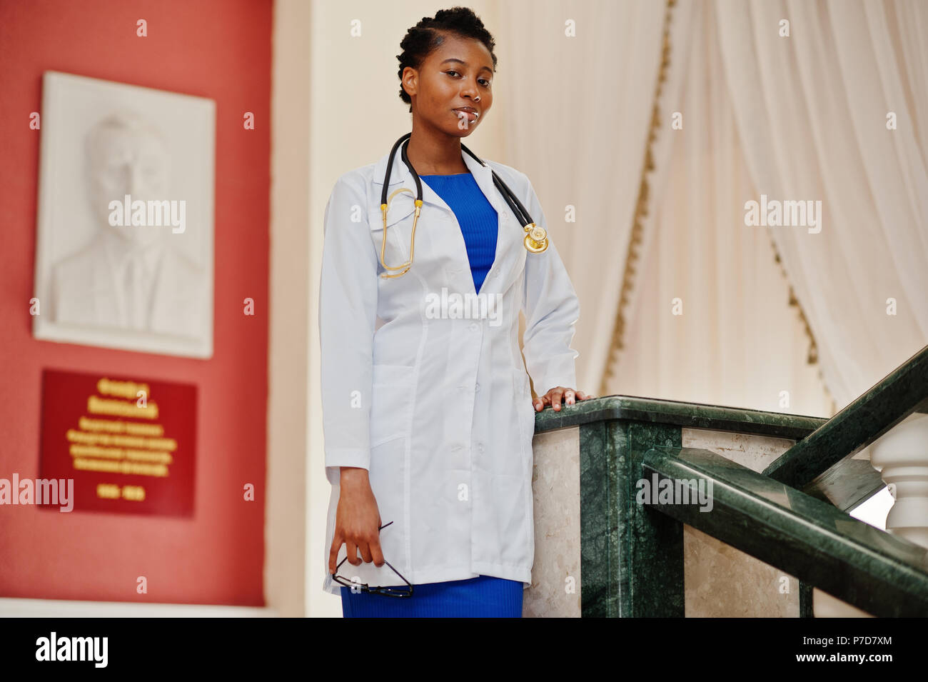 African american doctor student female at lab coat with stethoscope ...