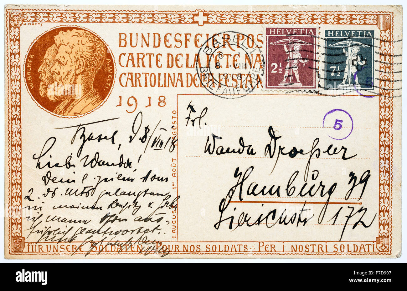 Swiss 1918 "William Tell" definitive postage stamp on postcard Stock ...