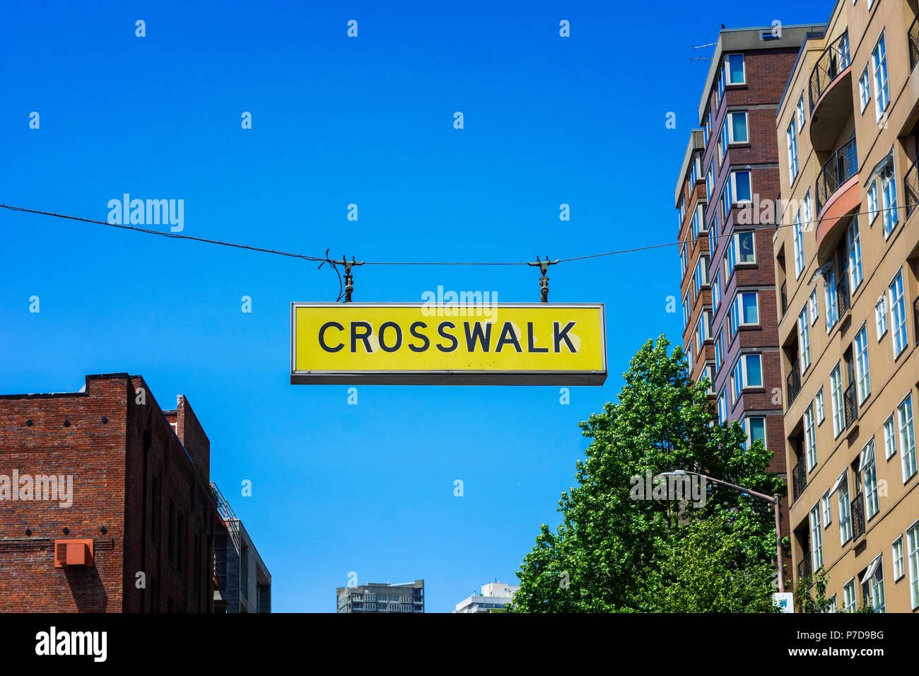Crosswalk yellow street sign hanging over an avenue in downtown Seattle ...