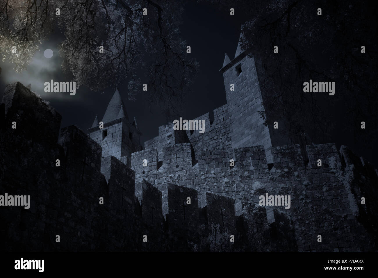 Mysterious medieval castle in full moon night Stock Photo - Alamy