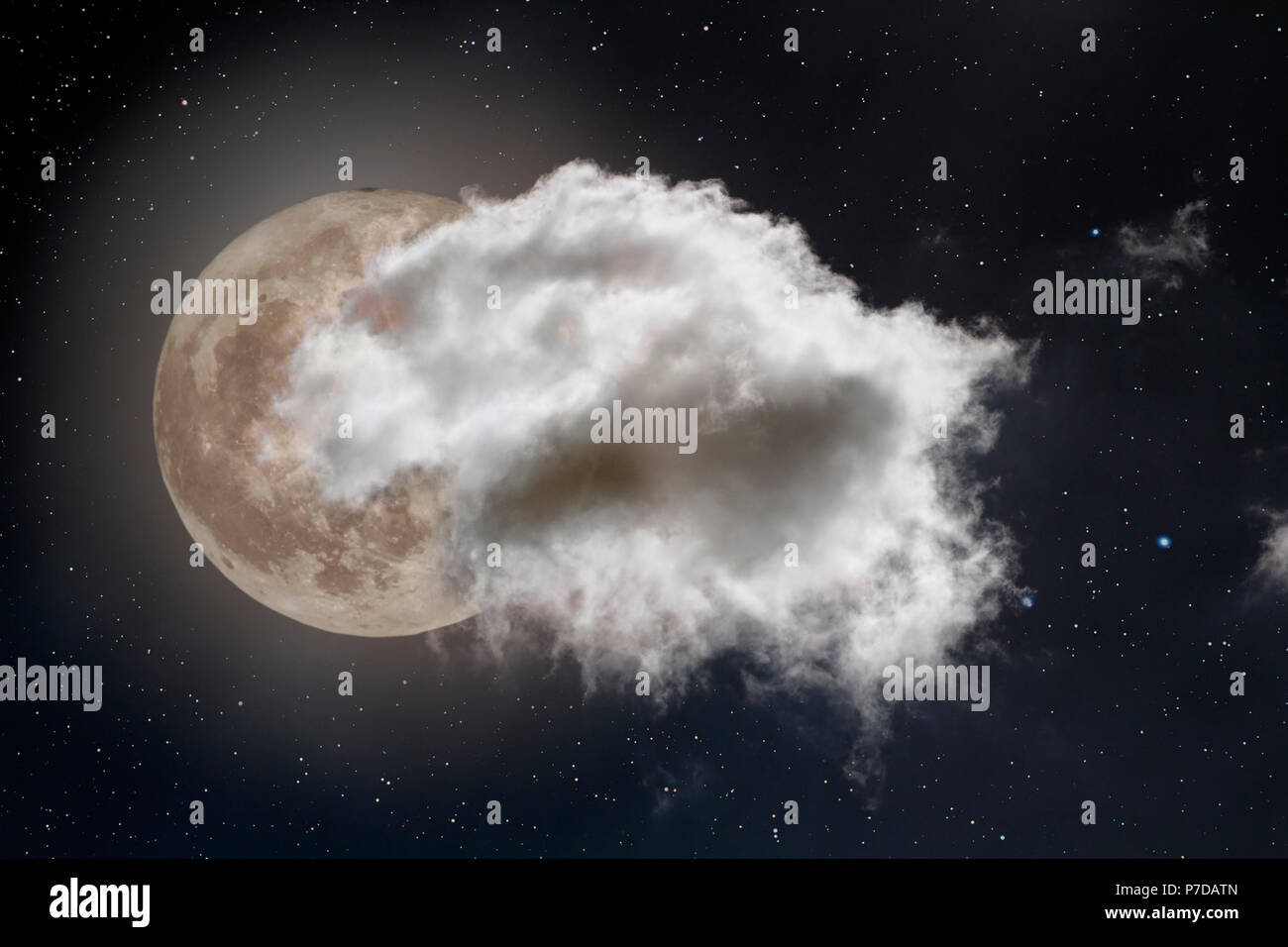 Strong cloud partially covers, briefly, a full moon on a clear night ...